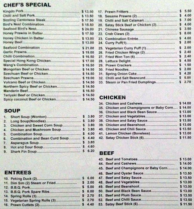 Menu at Wang's Chinese Restaurant, Bentleigh East