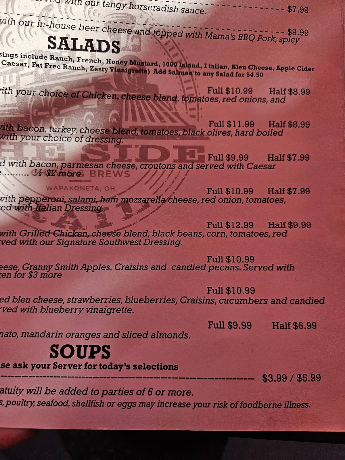 Menu at The Side Rail restaurant, Wapakoneta