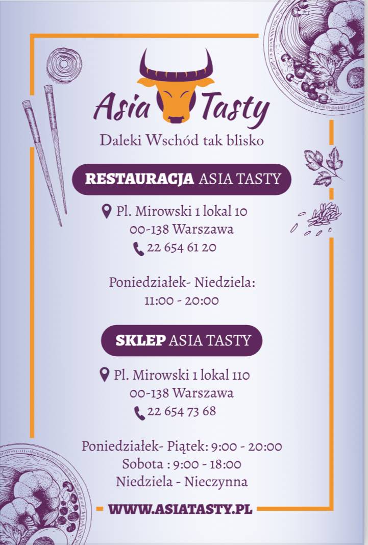 Menu at Asia Tasty restaurant, Warsaw, plac Mirowski 1/lok 110