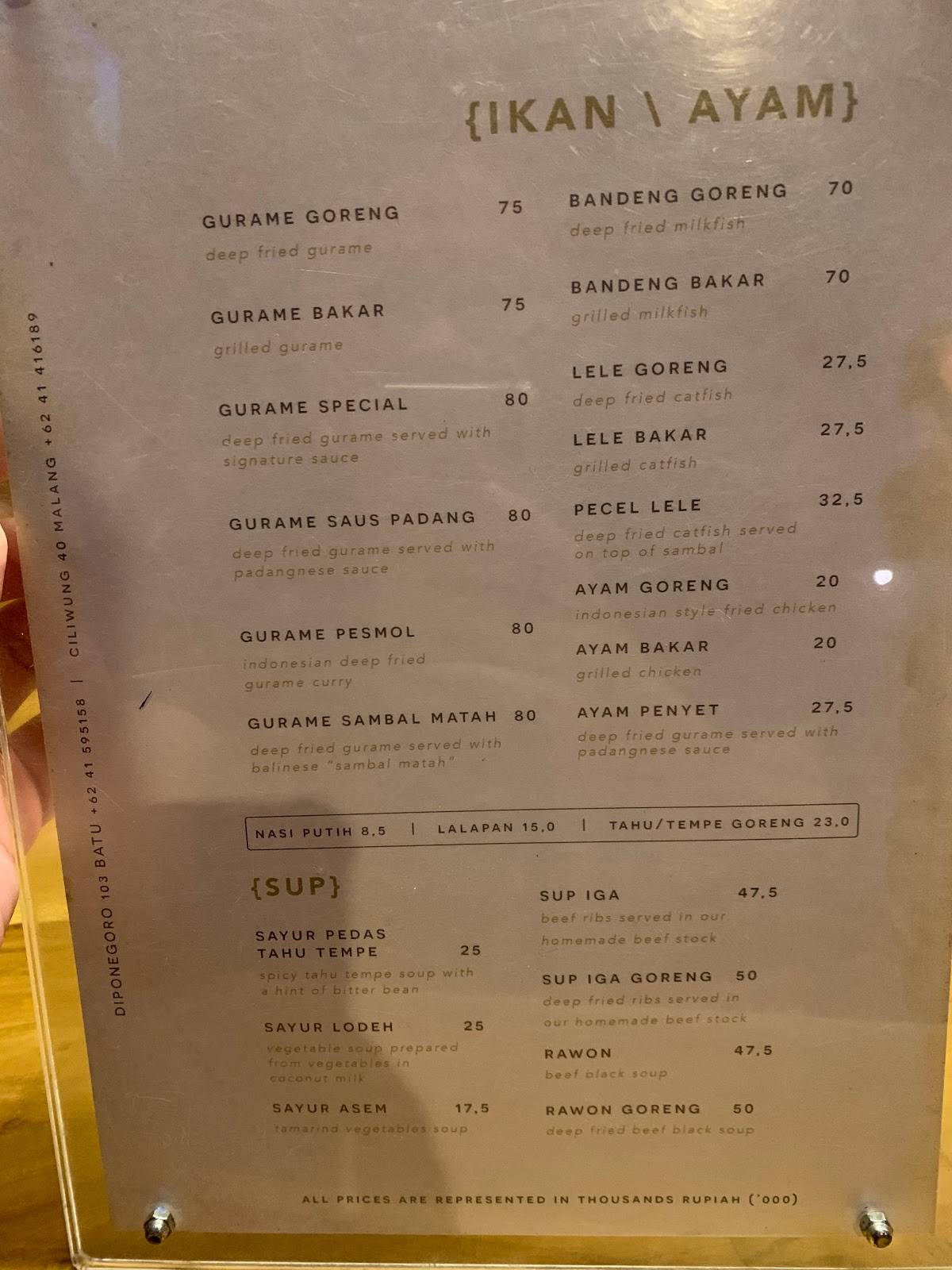 Menu at Warung Bethania Batu restaurant, Batu