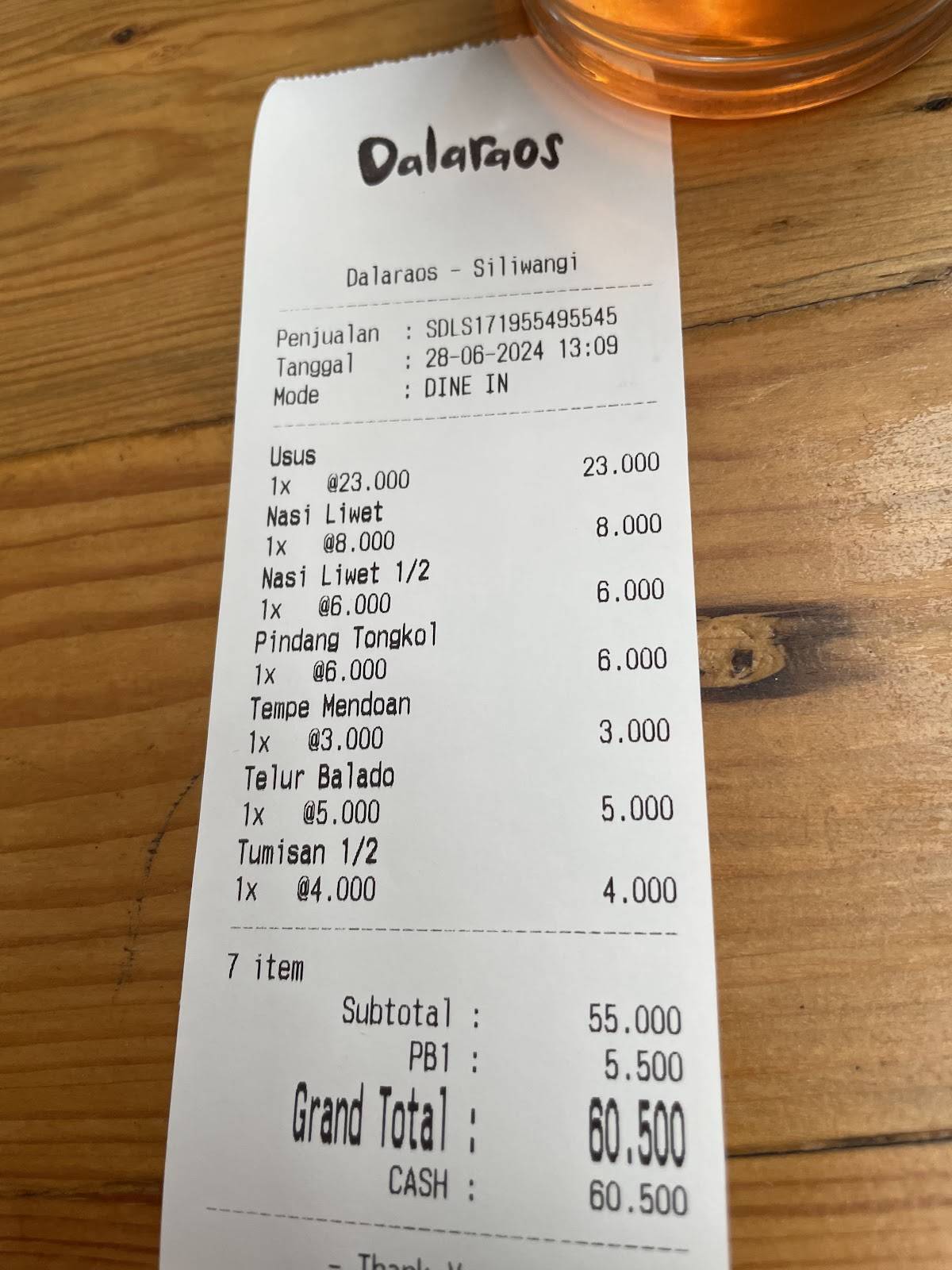 Menu at Warung Dalaraos restaurant, Bandung