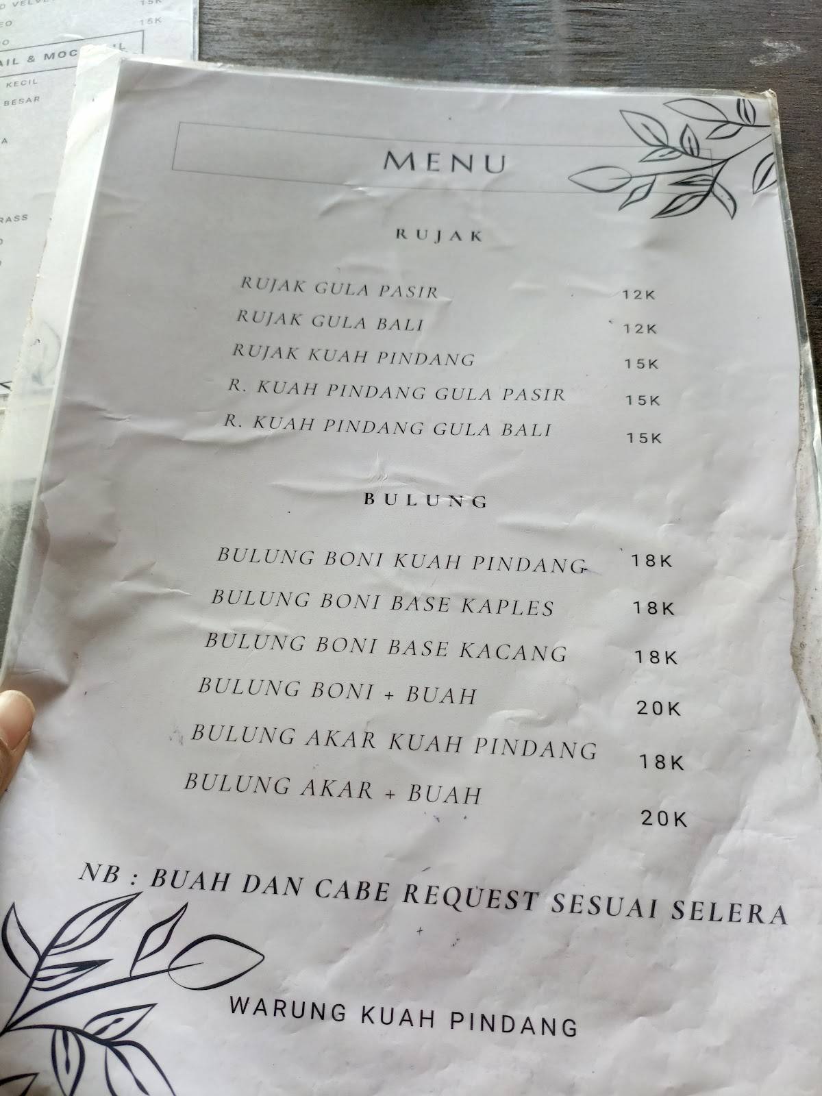 Menu at Warung Kuah Pindang restaurant, Ubud