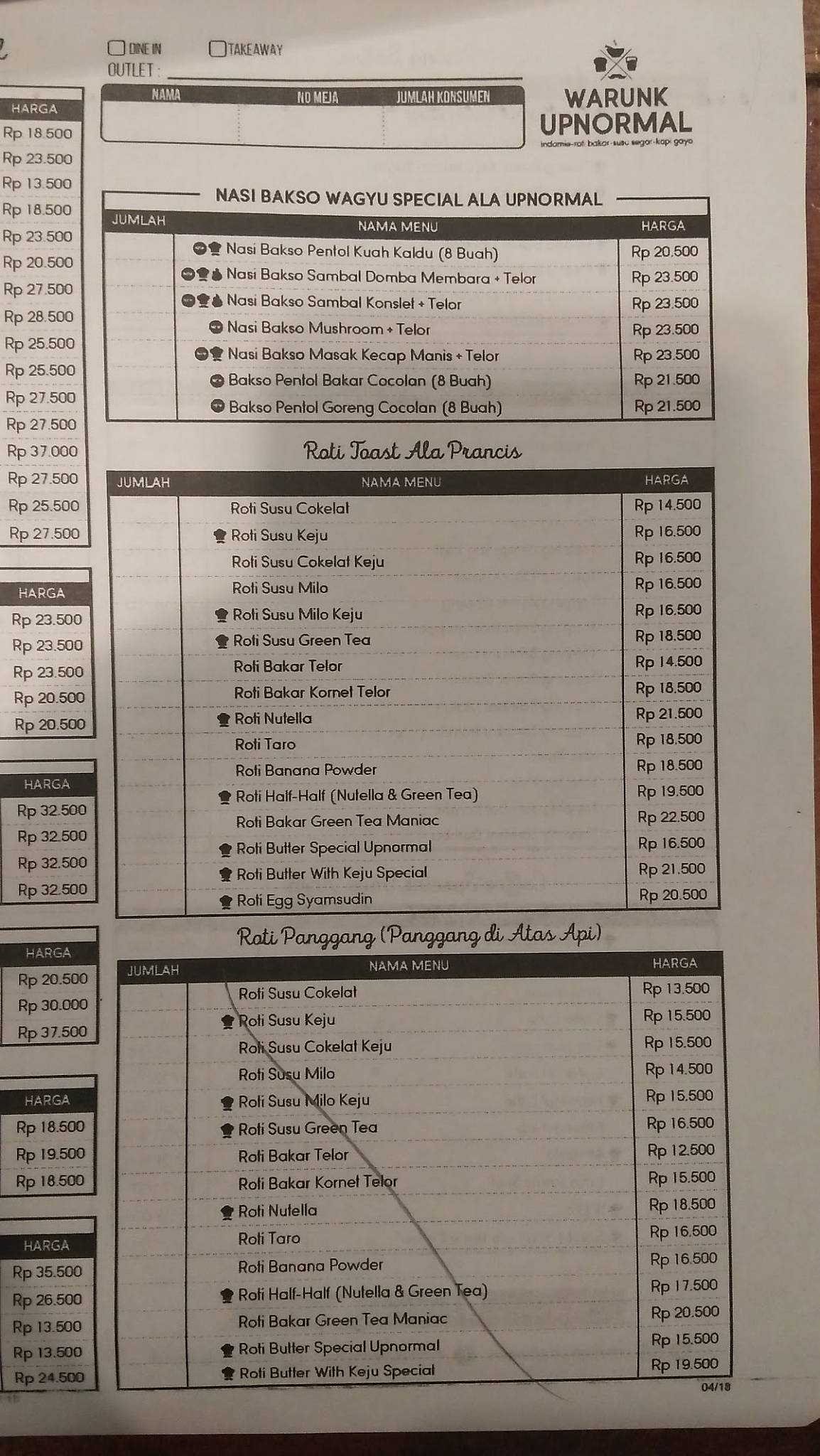 Carta del café Warunk Upnormal Semarang, Semarang