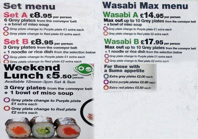 Menu at WAZUZHI (formerly Wasabi) restaurant, Manchester, 63 Faulkner St