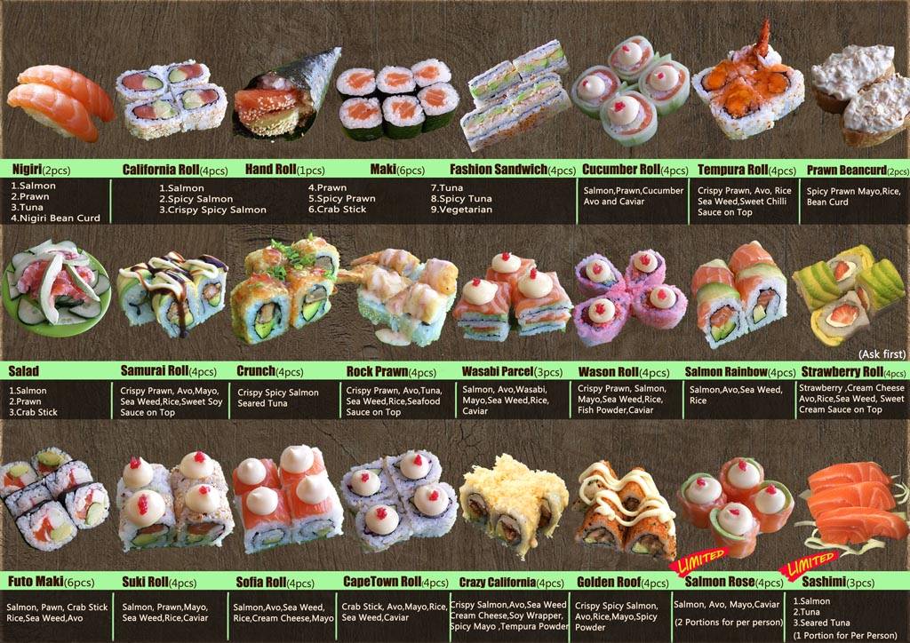 Menu at Wason Chinese Sushi restaurant, Cape Town