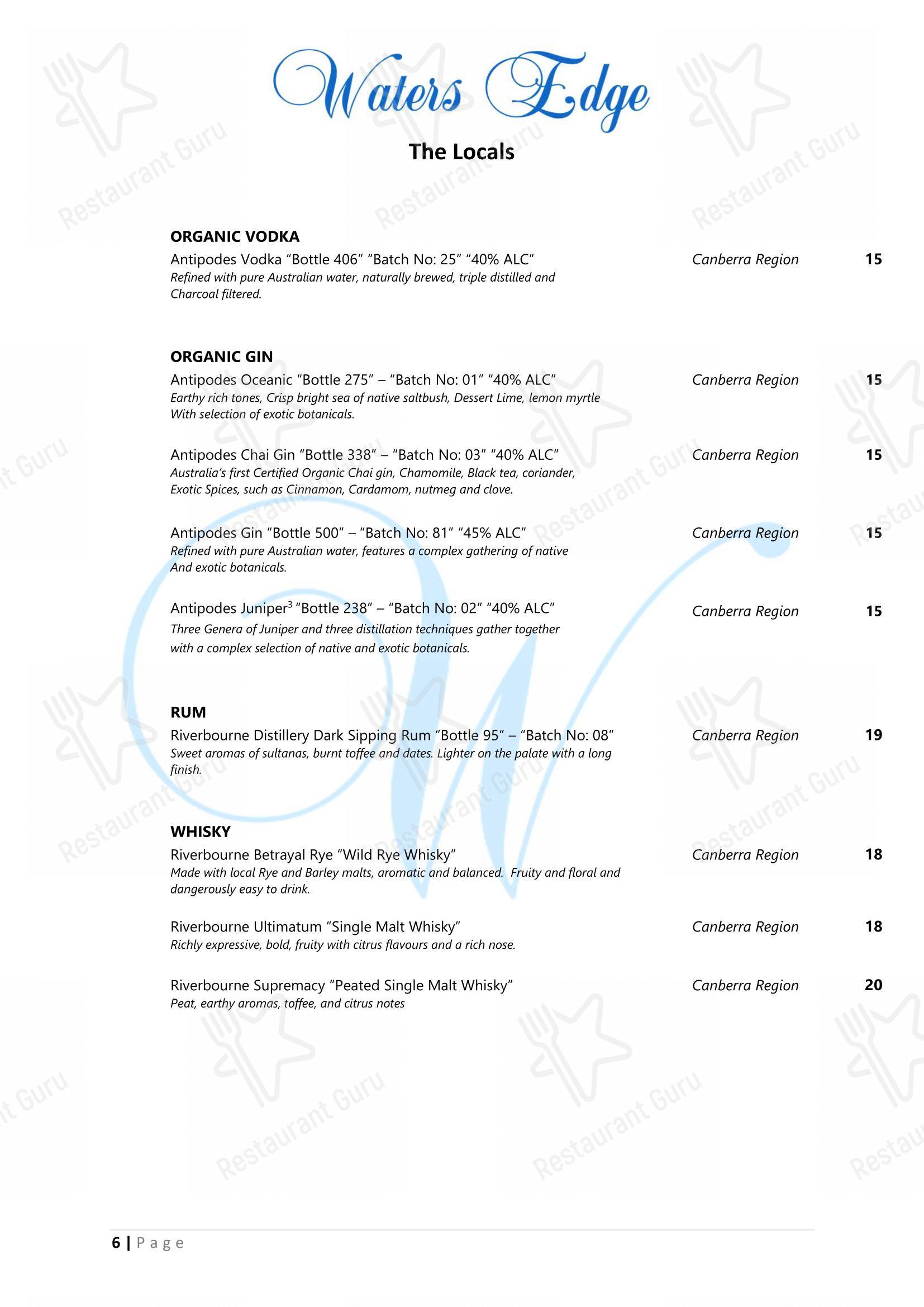 Menu at Water's Edge Fine Dining Restaurant, Parkes