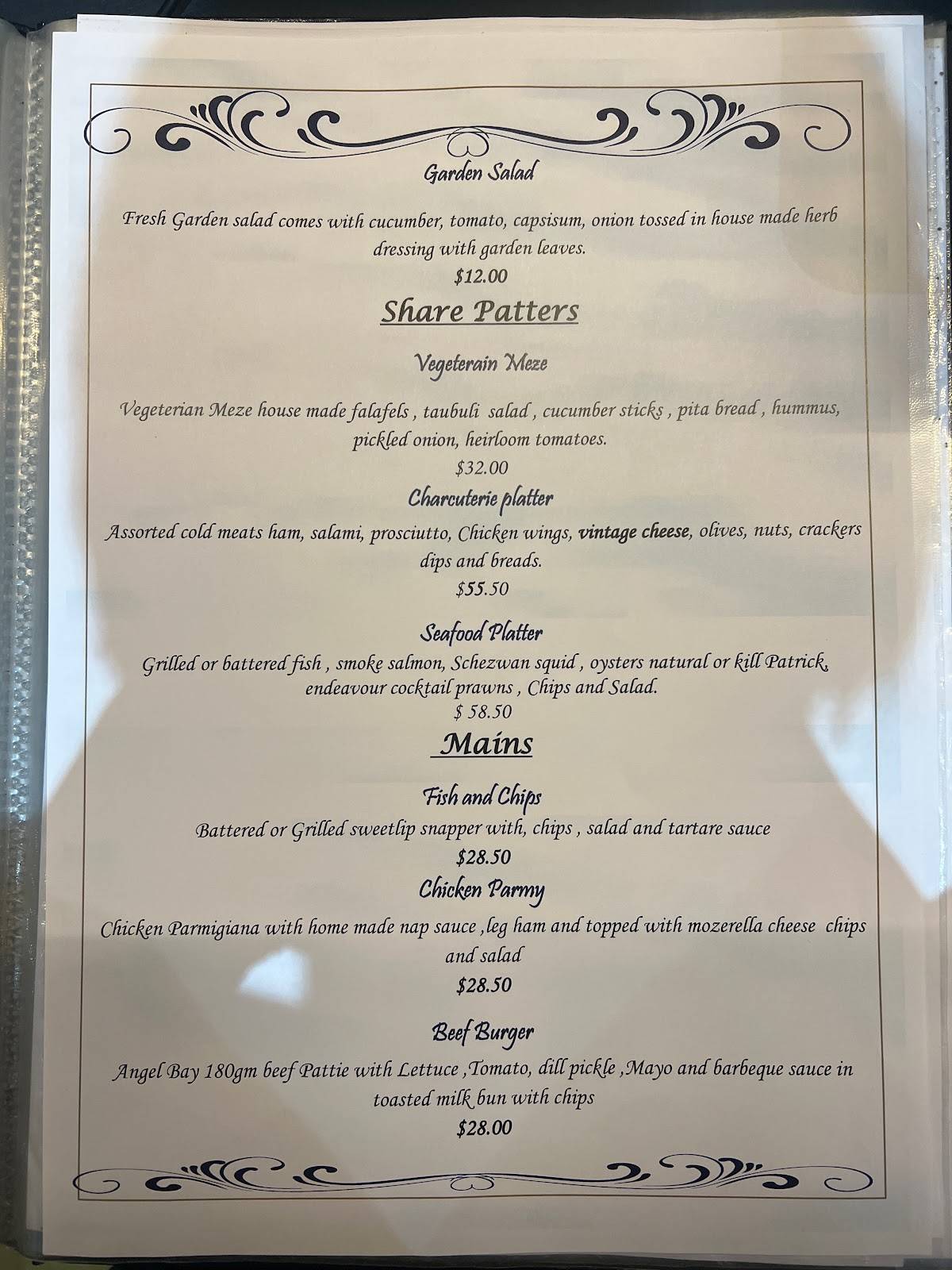 Menu at Waters Edge restaurant, Bunbury