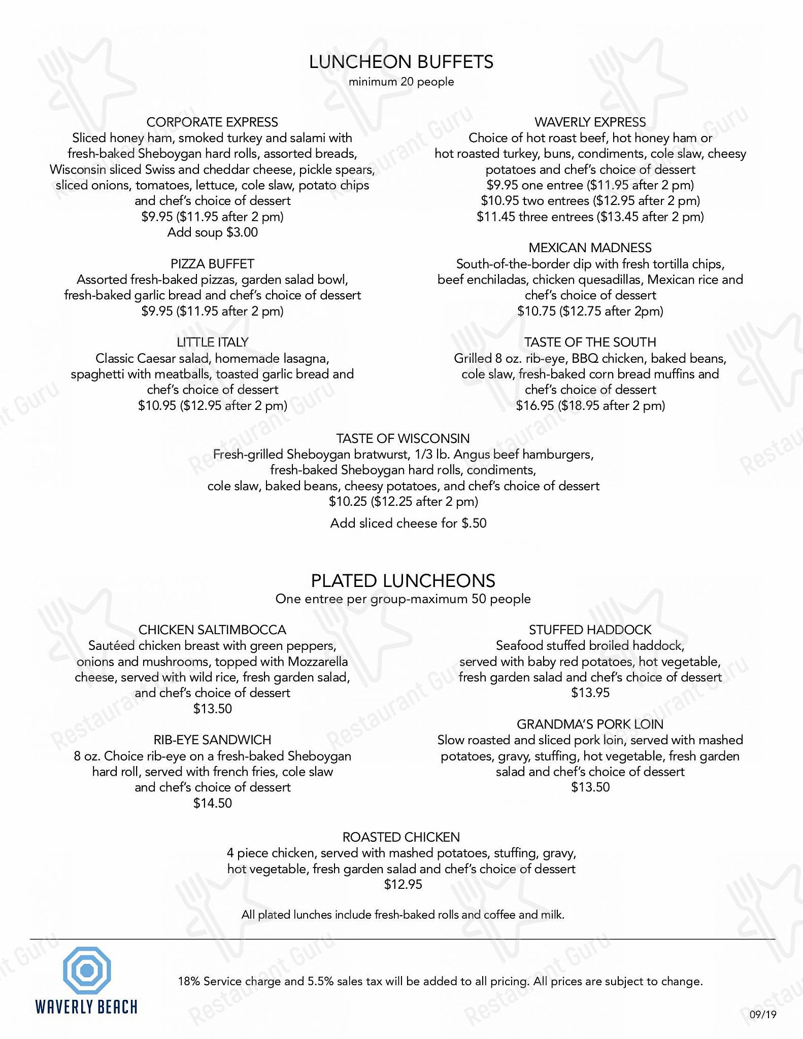 Menu at Waverly Beach Bar & Grille, Menasha, N8770 Fire Lane 1