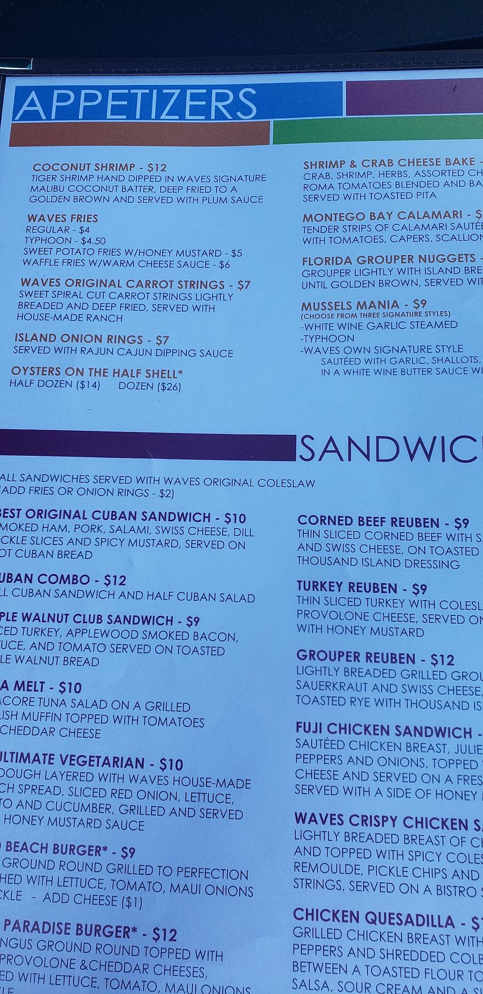 Menu at Waves pub & bar, Saint Clair Shores