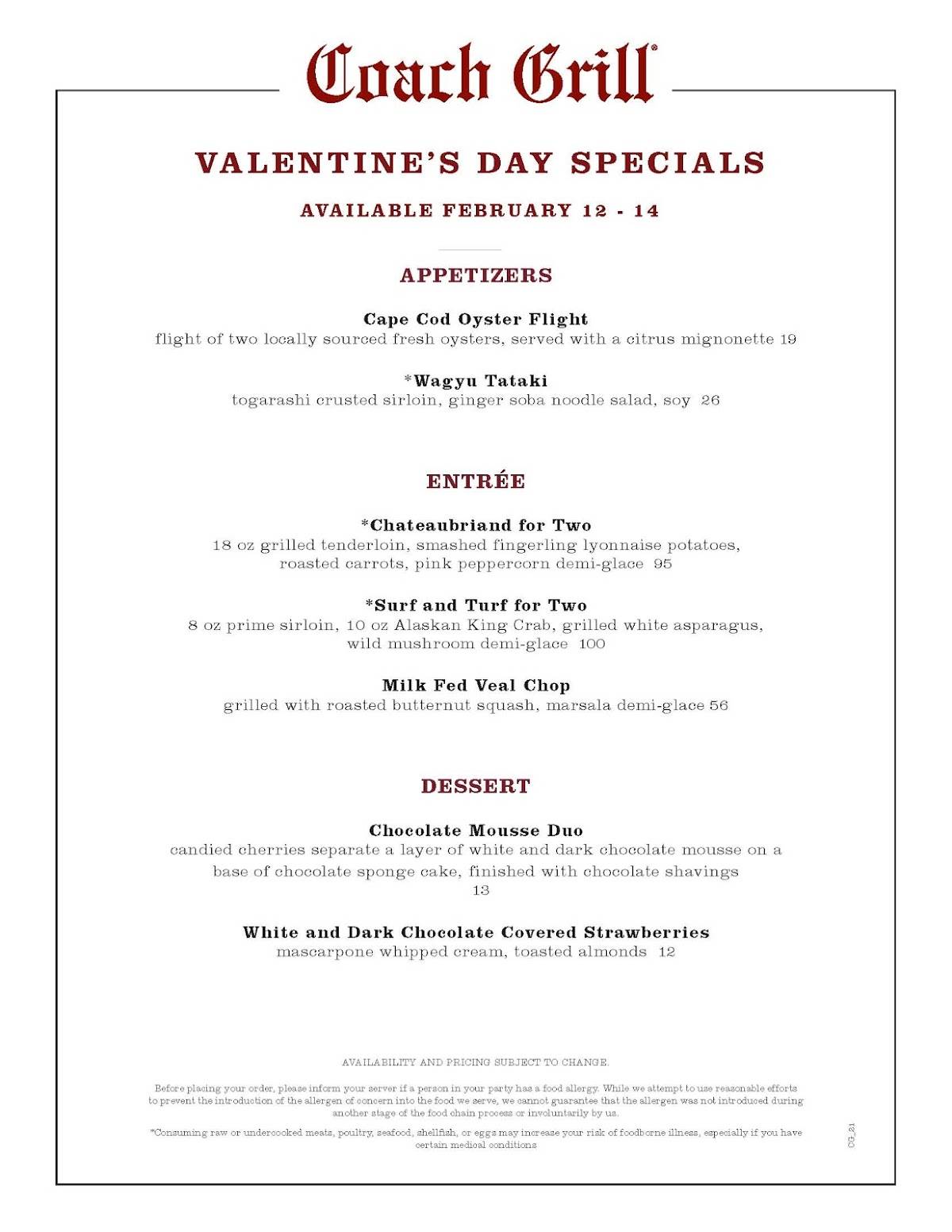 Menu at Coach Grill pub & bar, Wayland