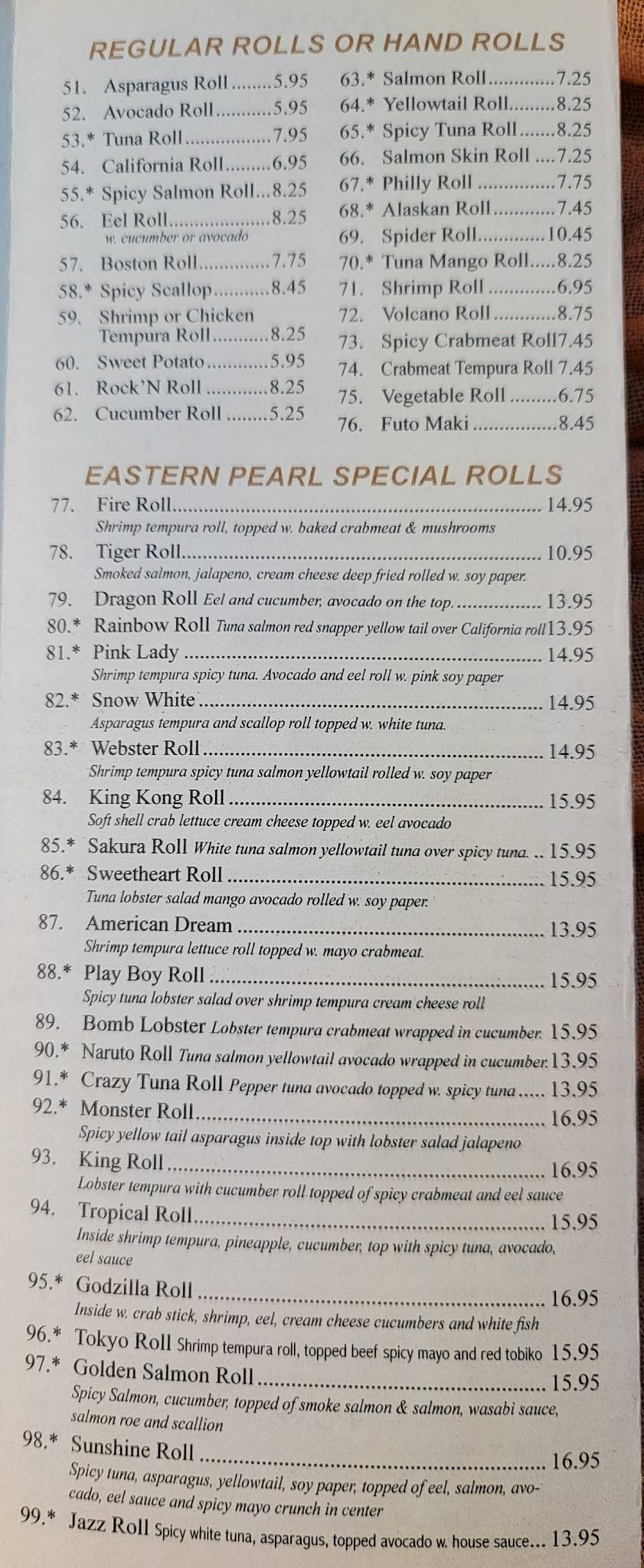 Menu at Eastern Pearl restaurant, Webster