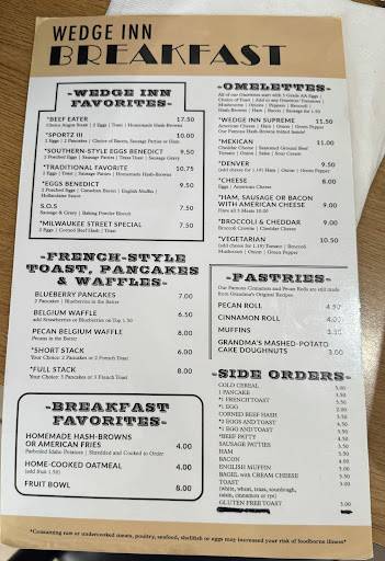 Menu at Wedge Inn Cafe, Janesville