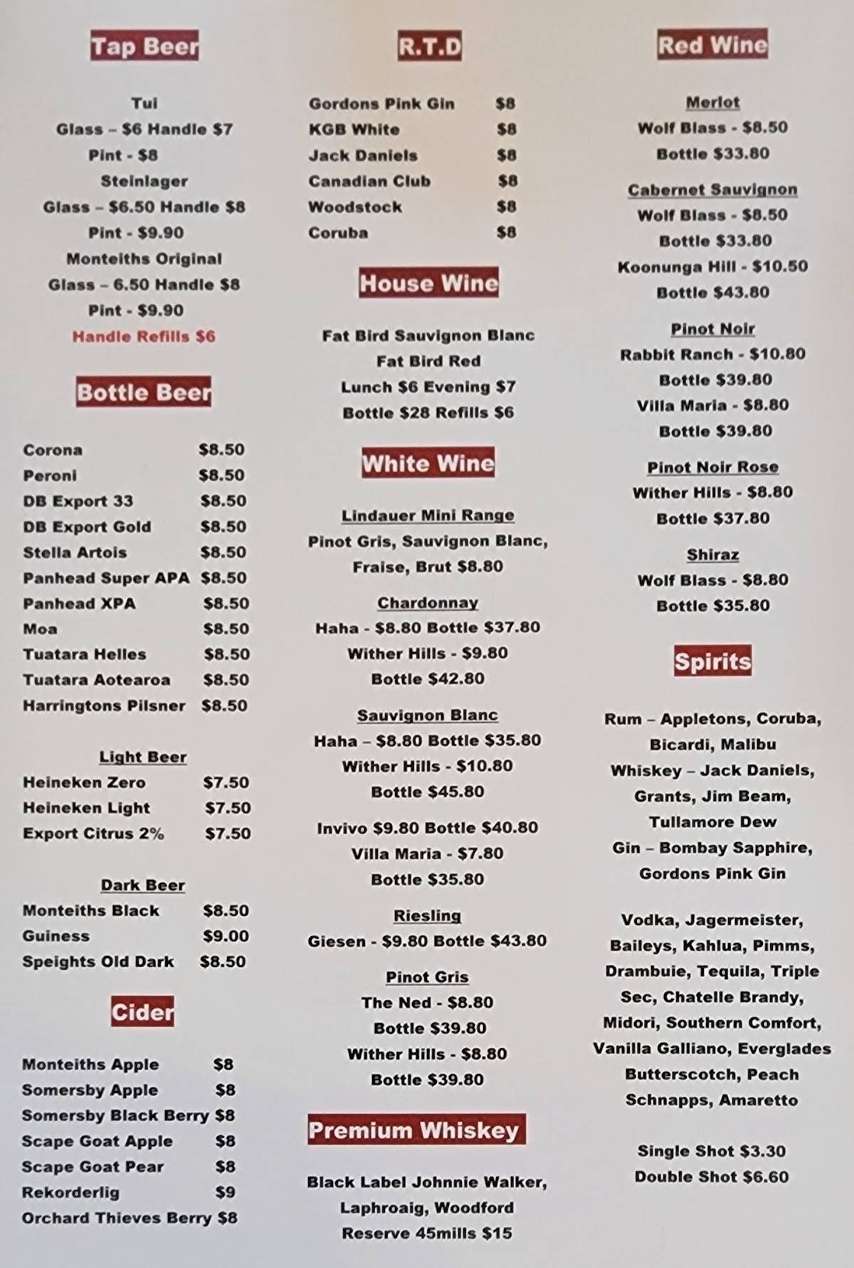 Menu at The Brick House Restaurant & Function Centre, Whanganui