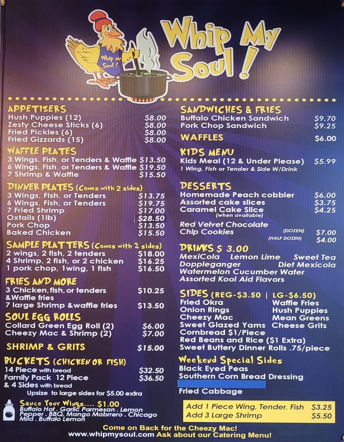 Menu at Whip My Soul restaurant, Austin
