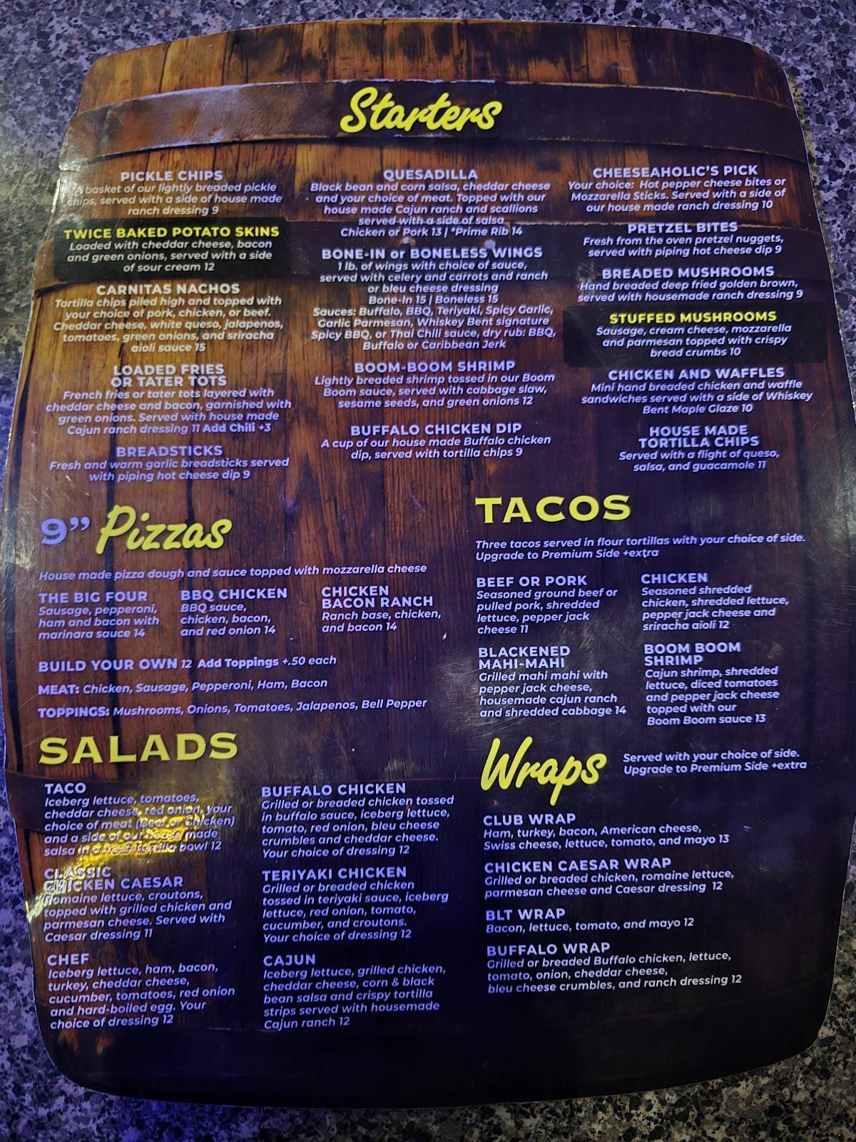 Menu at Whiskey Bent Bar & Grill, Avon