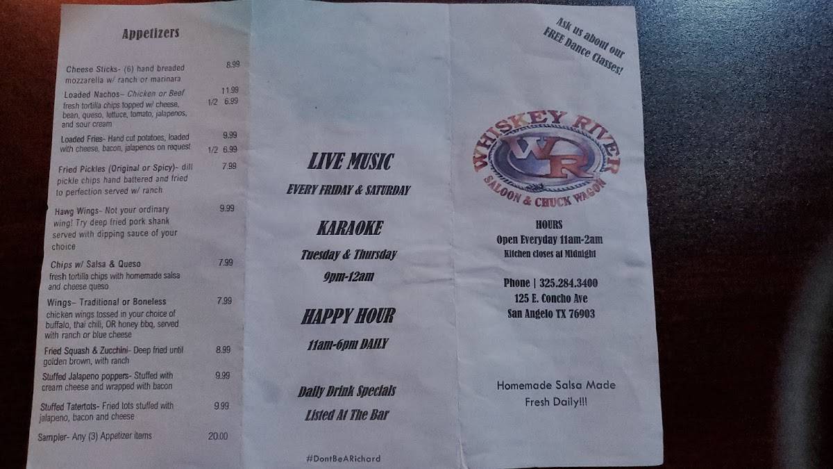 Menu at Whiskey River Saloon pub & bar, San Angelo