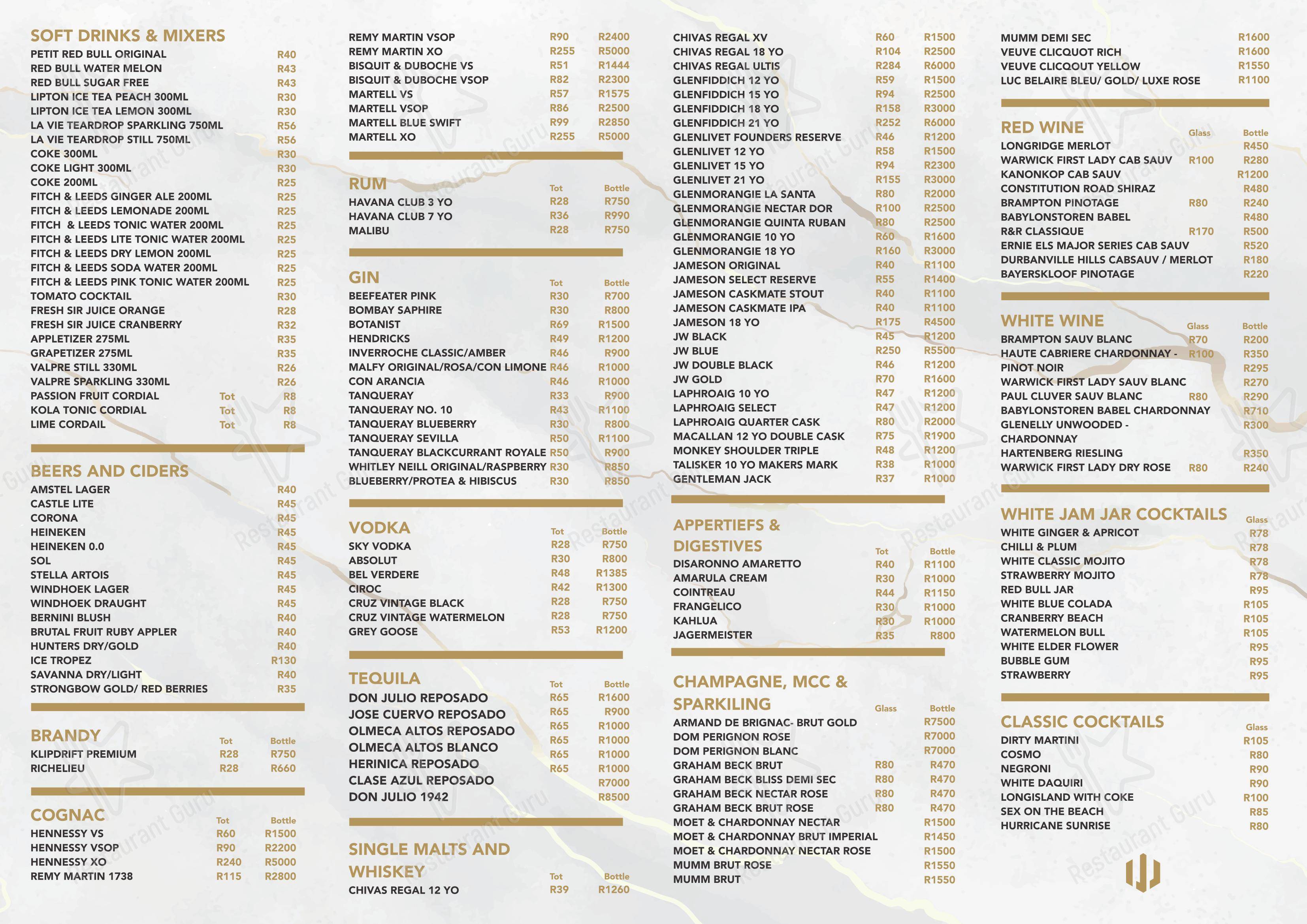 Menu at White Campus Square restaurant, Johannesburg