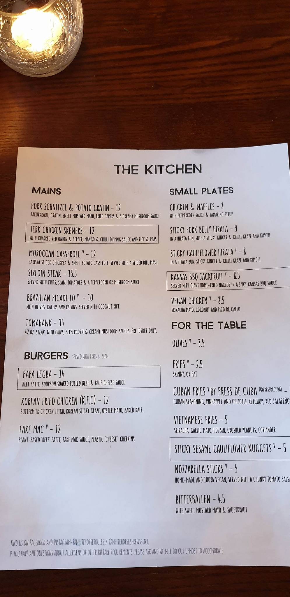 Menu at White Horse pub & bar, Shrewsbury
