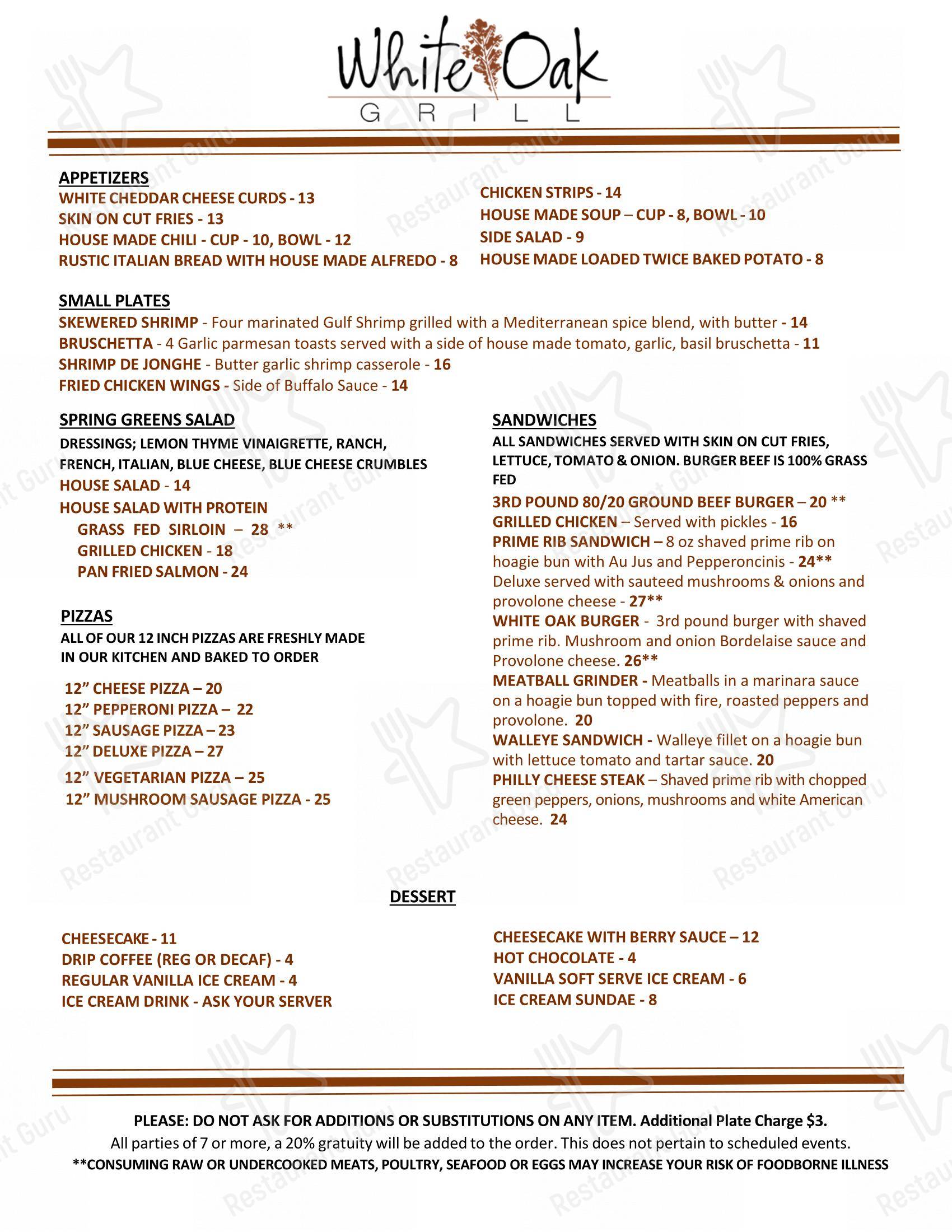 Menu at White Oak Grill steakhouse, Manitowish Waters