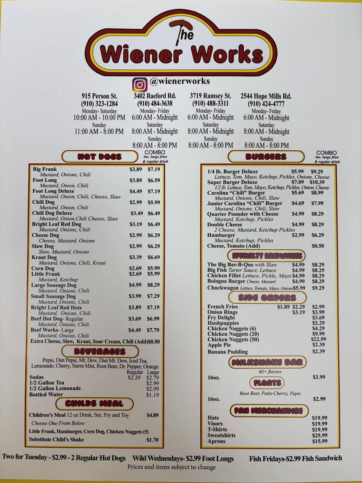Menu at Wiener Works restaurant, Fayetteville, Hope Mills Rd