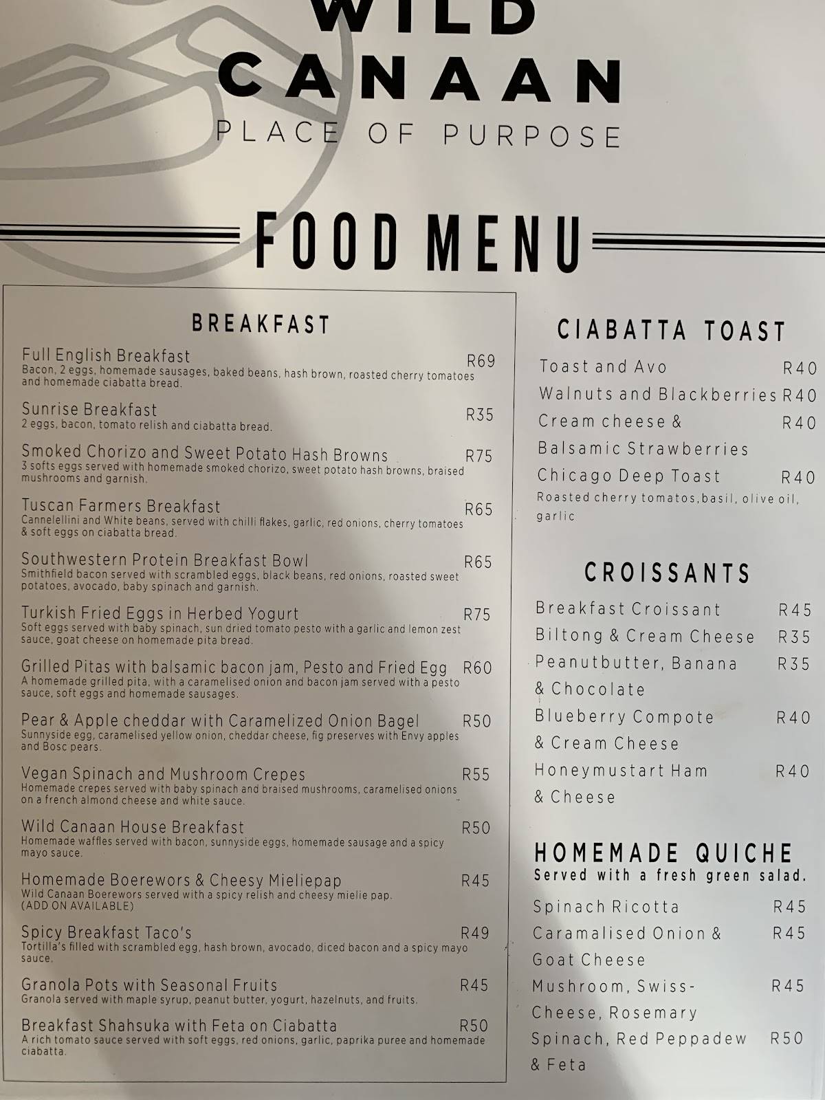 Menu at Wild Canaan Café, Bloemfontein