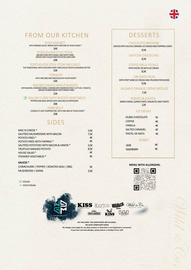 Carta de Wild&Co Steakhouse, Albufeira