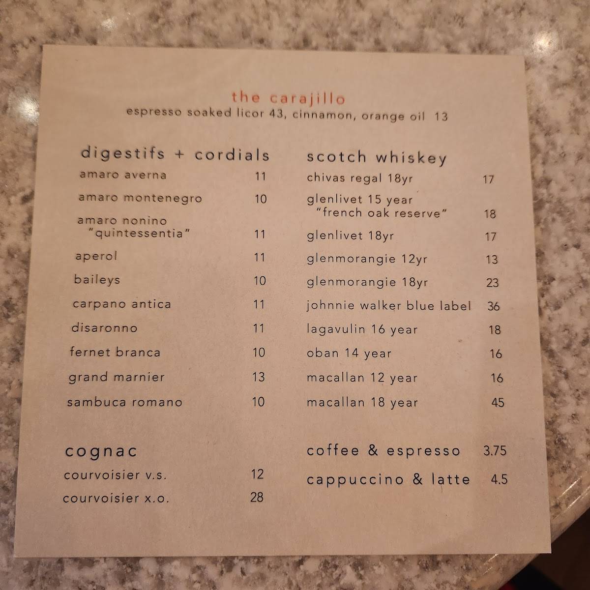 Menu at Wildflower restaurant, Tucson
