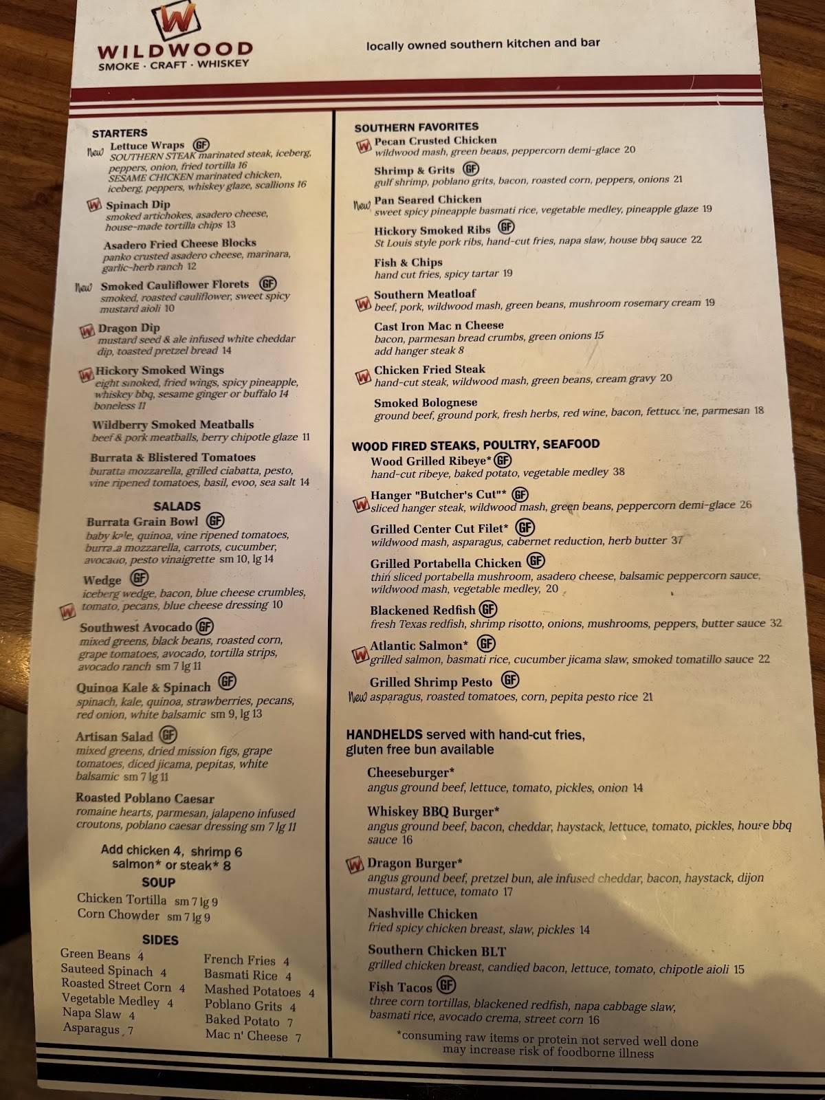 Menu at Wildwood Firewheel restaurant, Garland