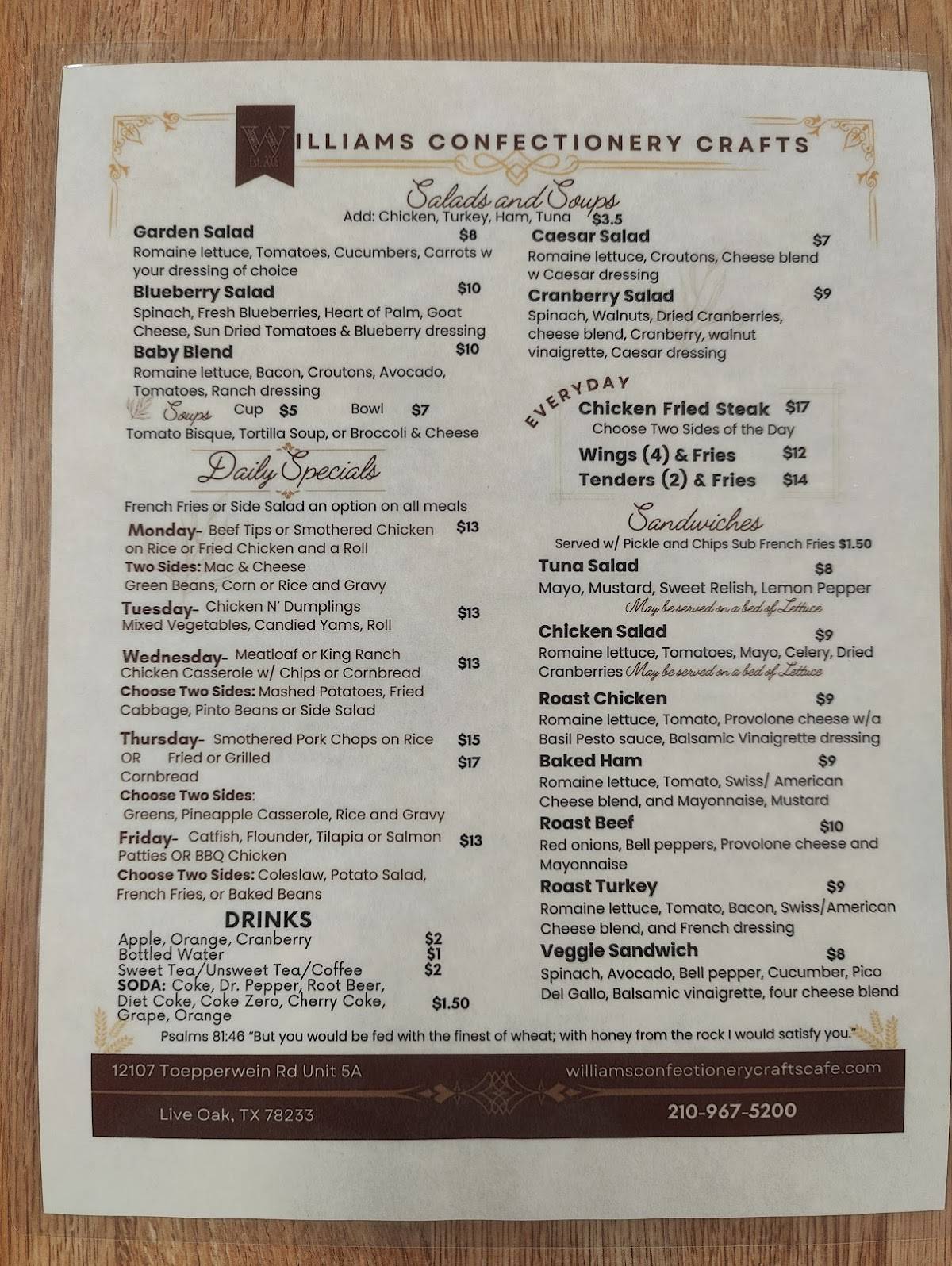 Menu at Williams Confectionery Crafts desserts, Live Oak