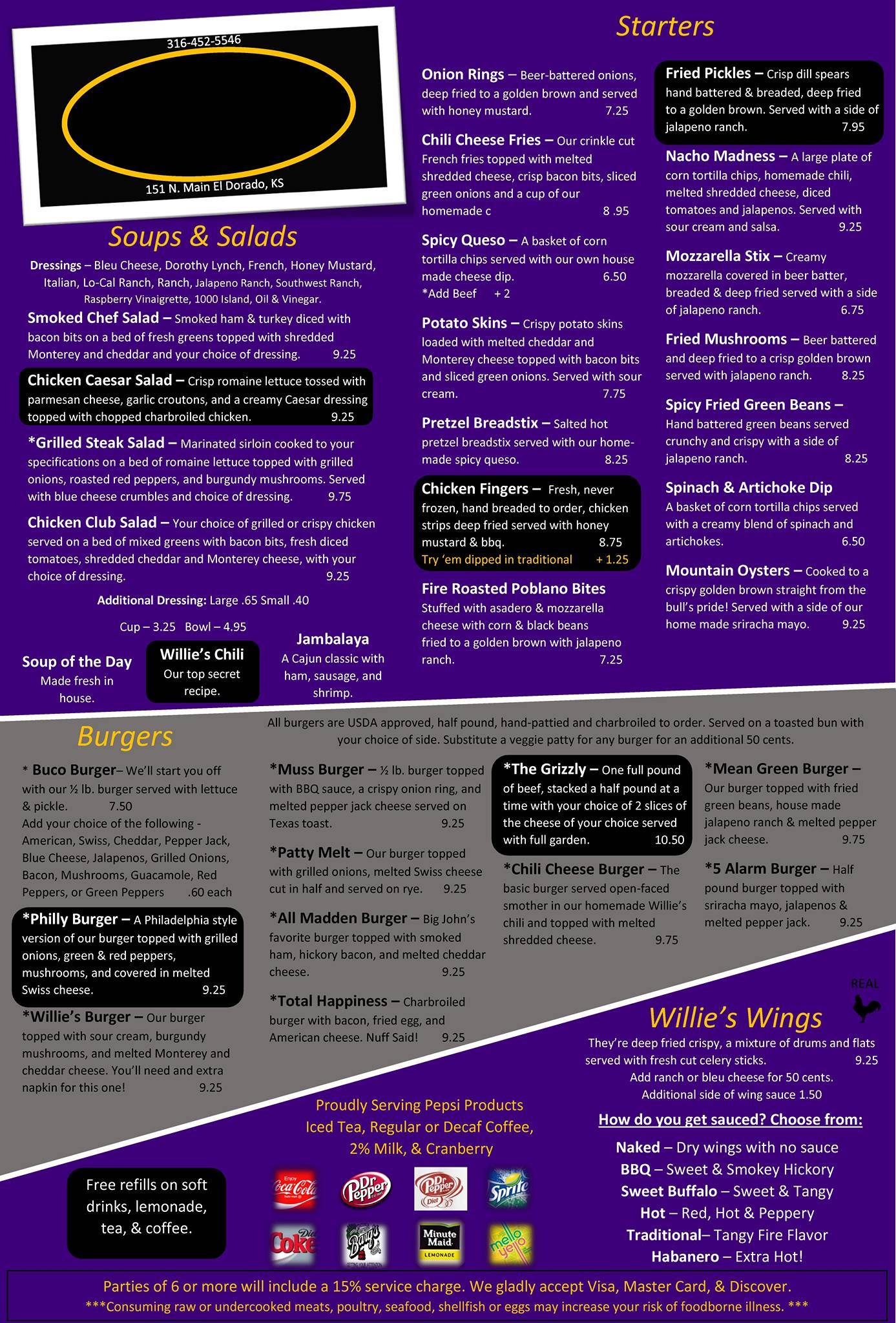 Menu at Willie's Sports Bar & Grill, El Dorado