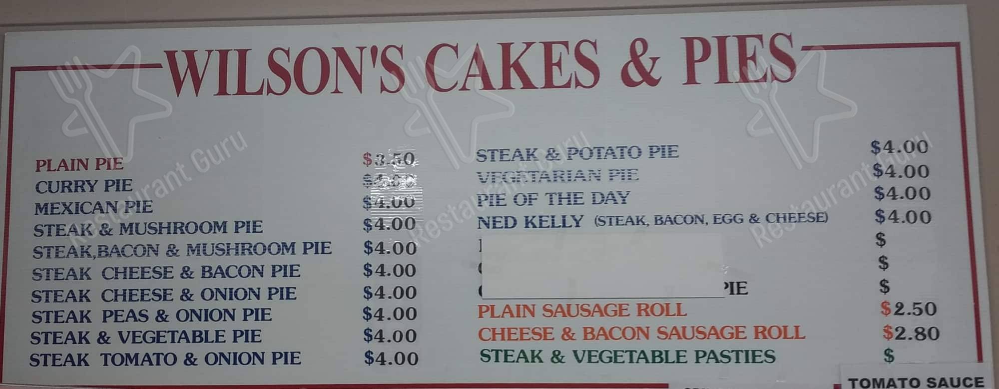 Menu at Wilson's Homemade Cakes, Mascot