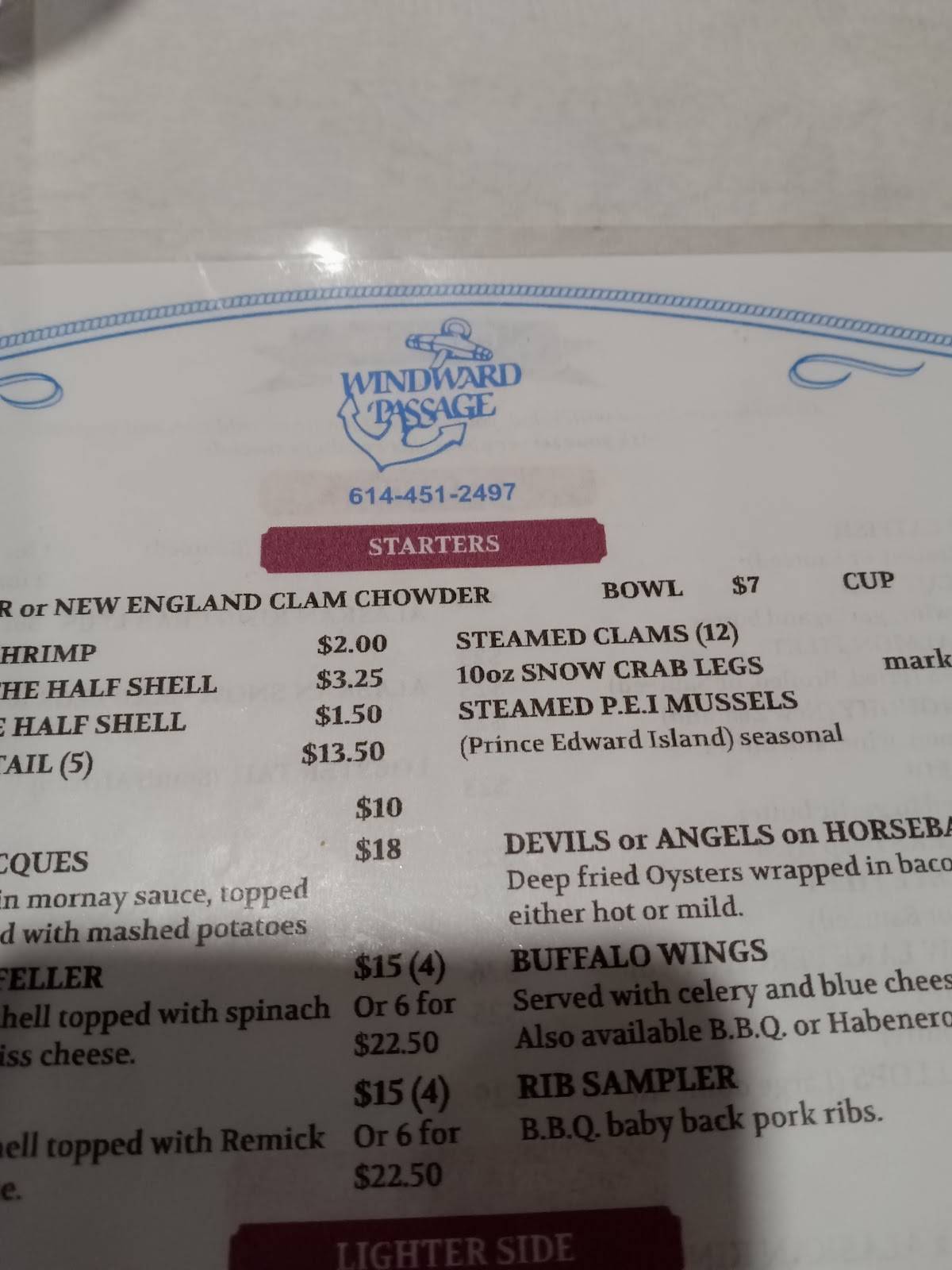 Menu at Windward Passage pub & bar, Columbus