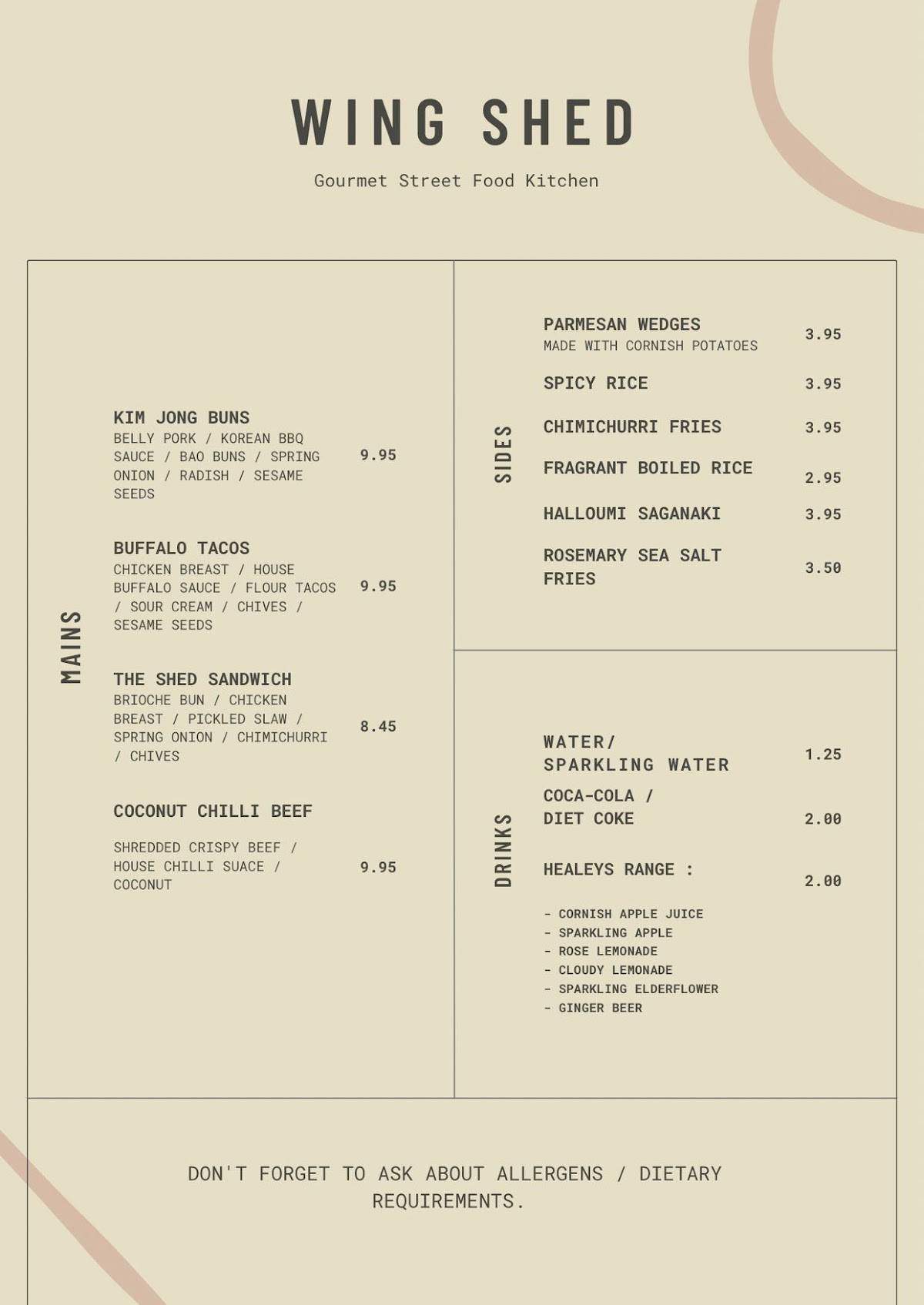Menu at Wing Shed Truro restaurant, Truro