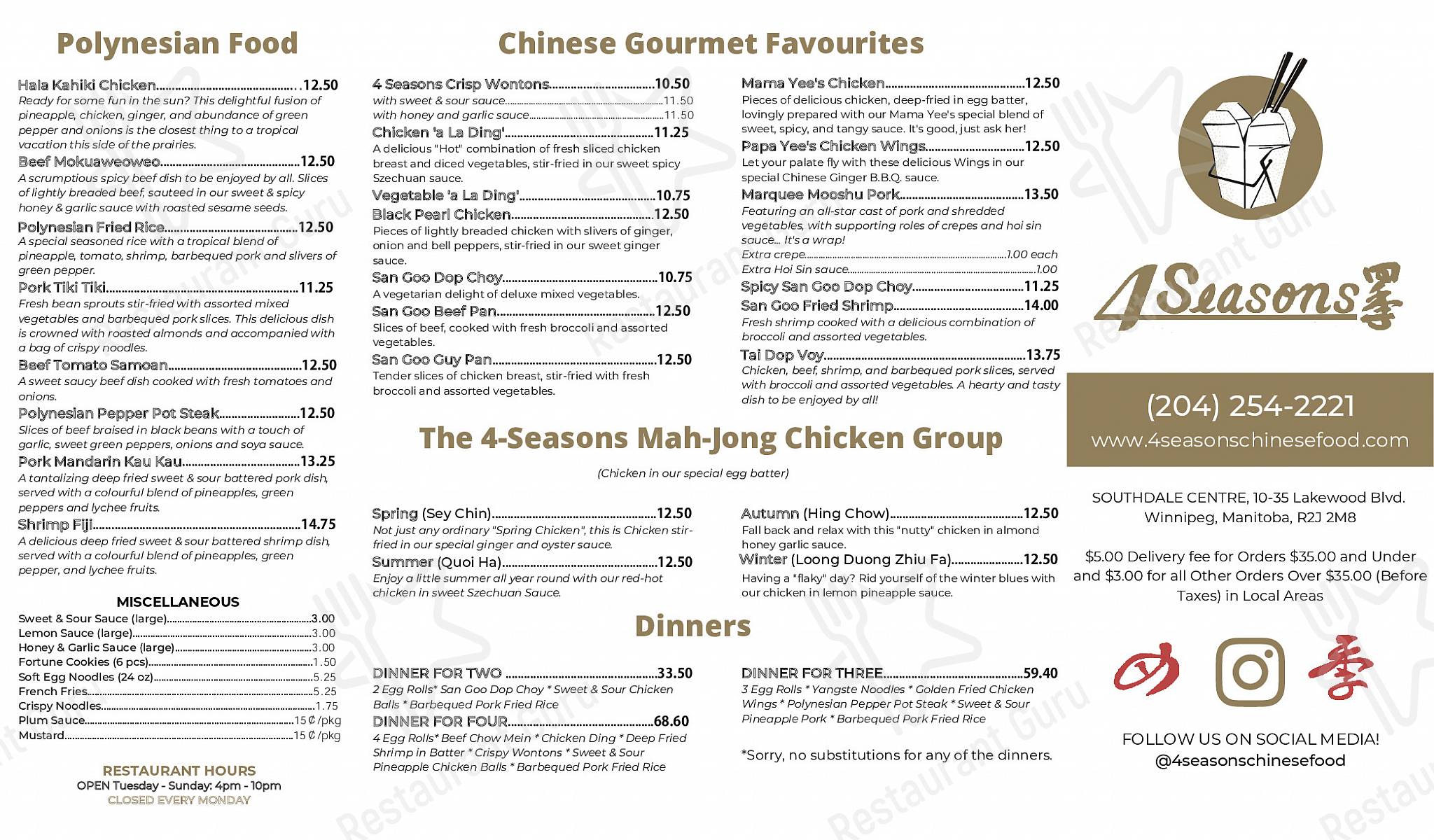 Menu at Four Seasons Chinese Food restaurant, Winnipeg