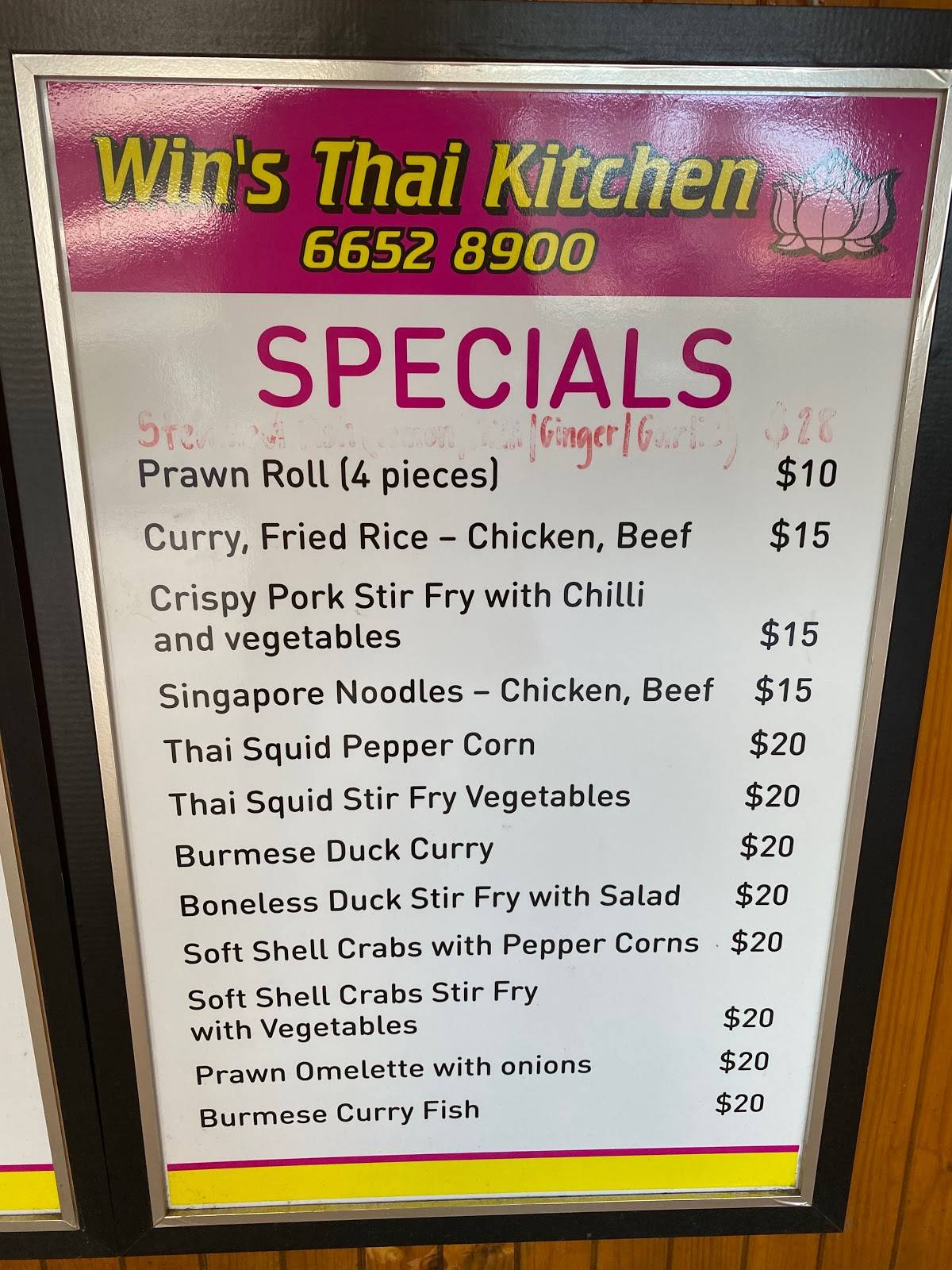 Menu at Win's Thai Kitchen fast food, Coffs Harbour