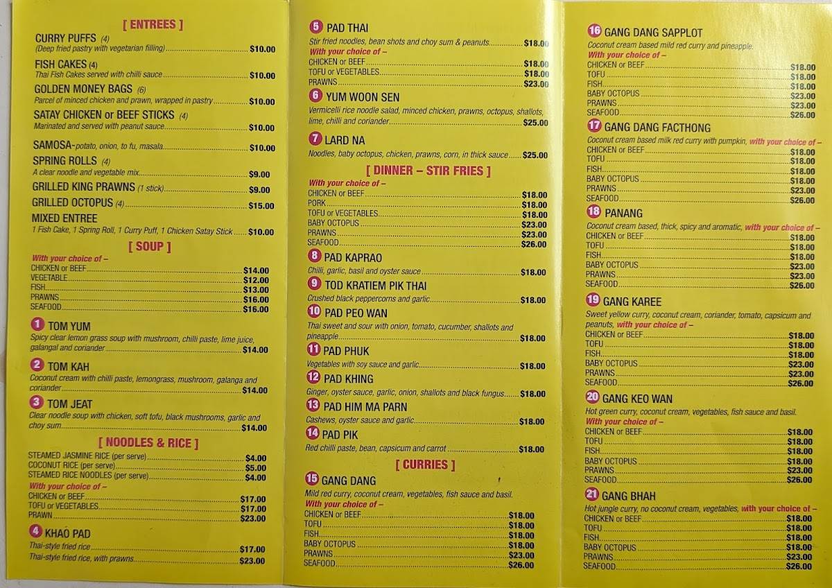 Menu at Win's Thai Kitchen fast food, Coffs Harbour