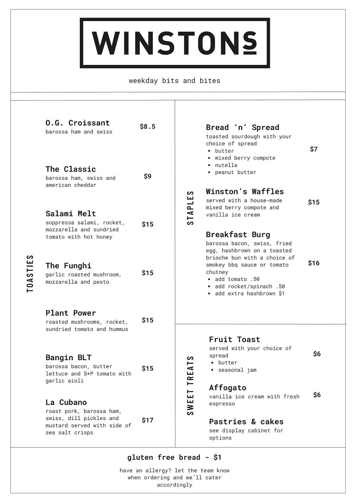 Menu at Winston's cafe, Kapunda