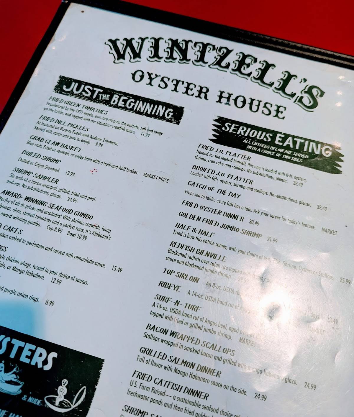 Menu at Wintzell's Oyster House restaurant, Montgomery, 105 Commerce St