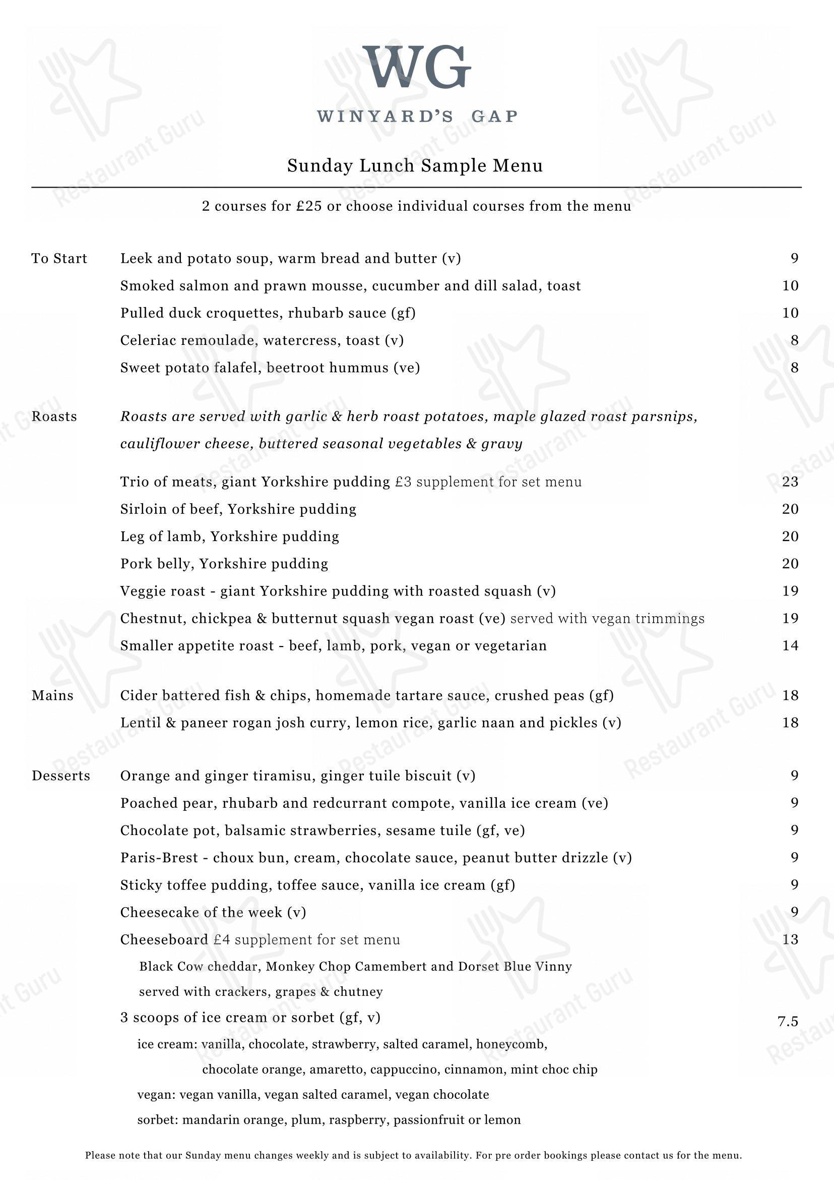 Menu at Winyards Gap Inn pub & bar, Chedington