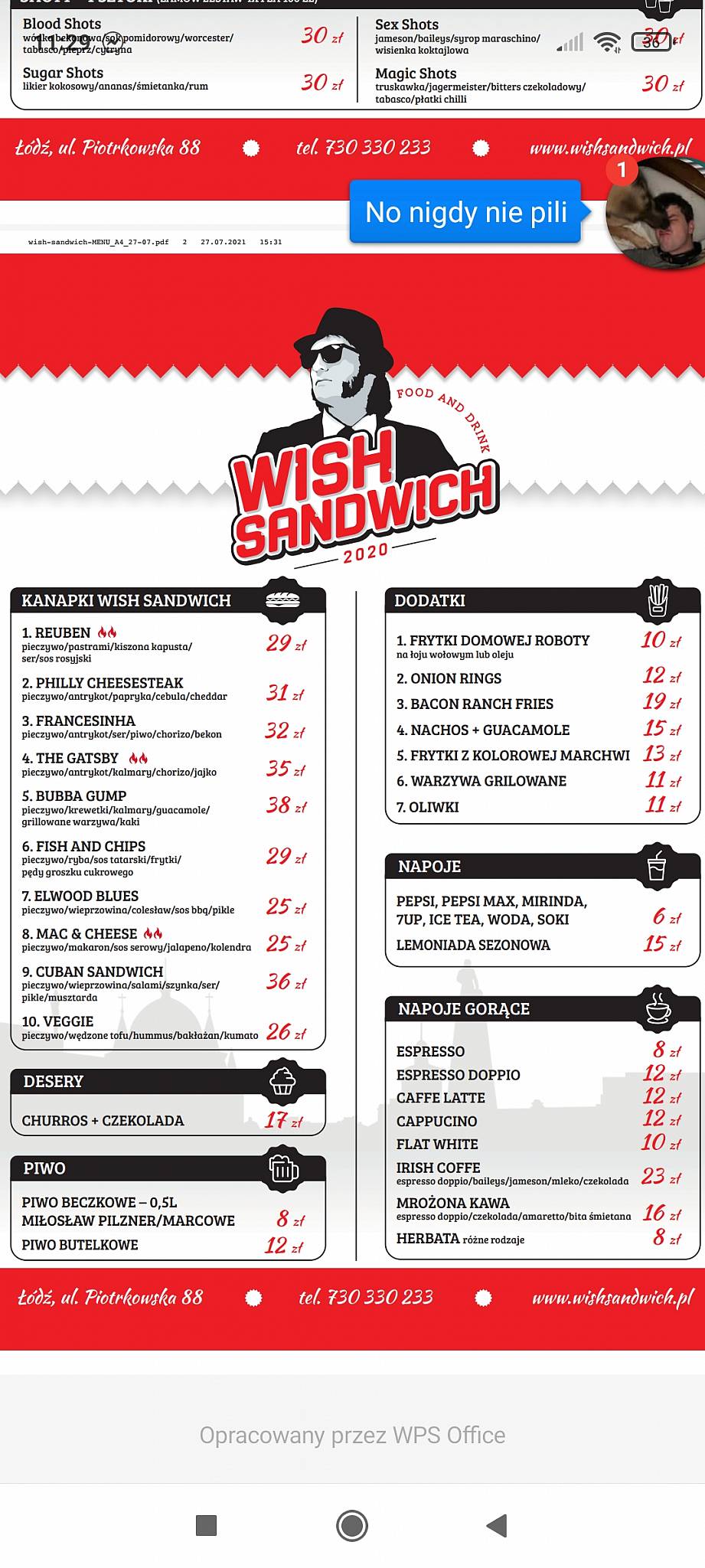 Menu at Wish Sandwich restaurant, Łódź
