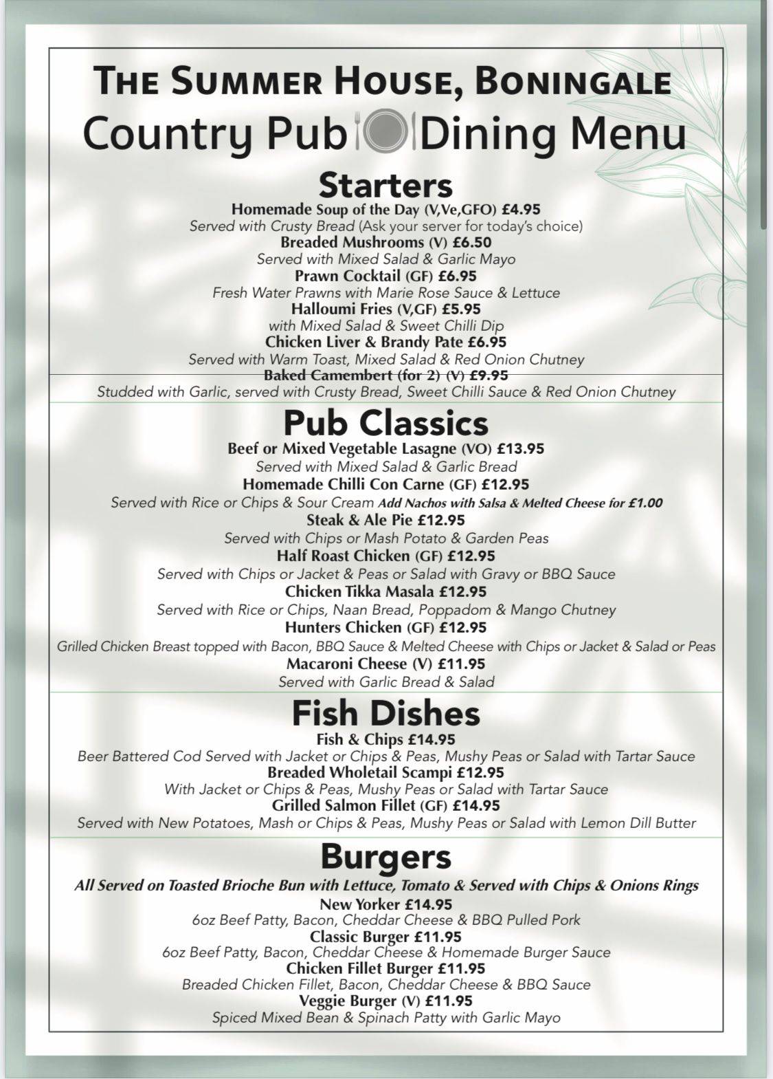 Menu at Summerhouse pub & bar, Boningale
