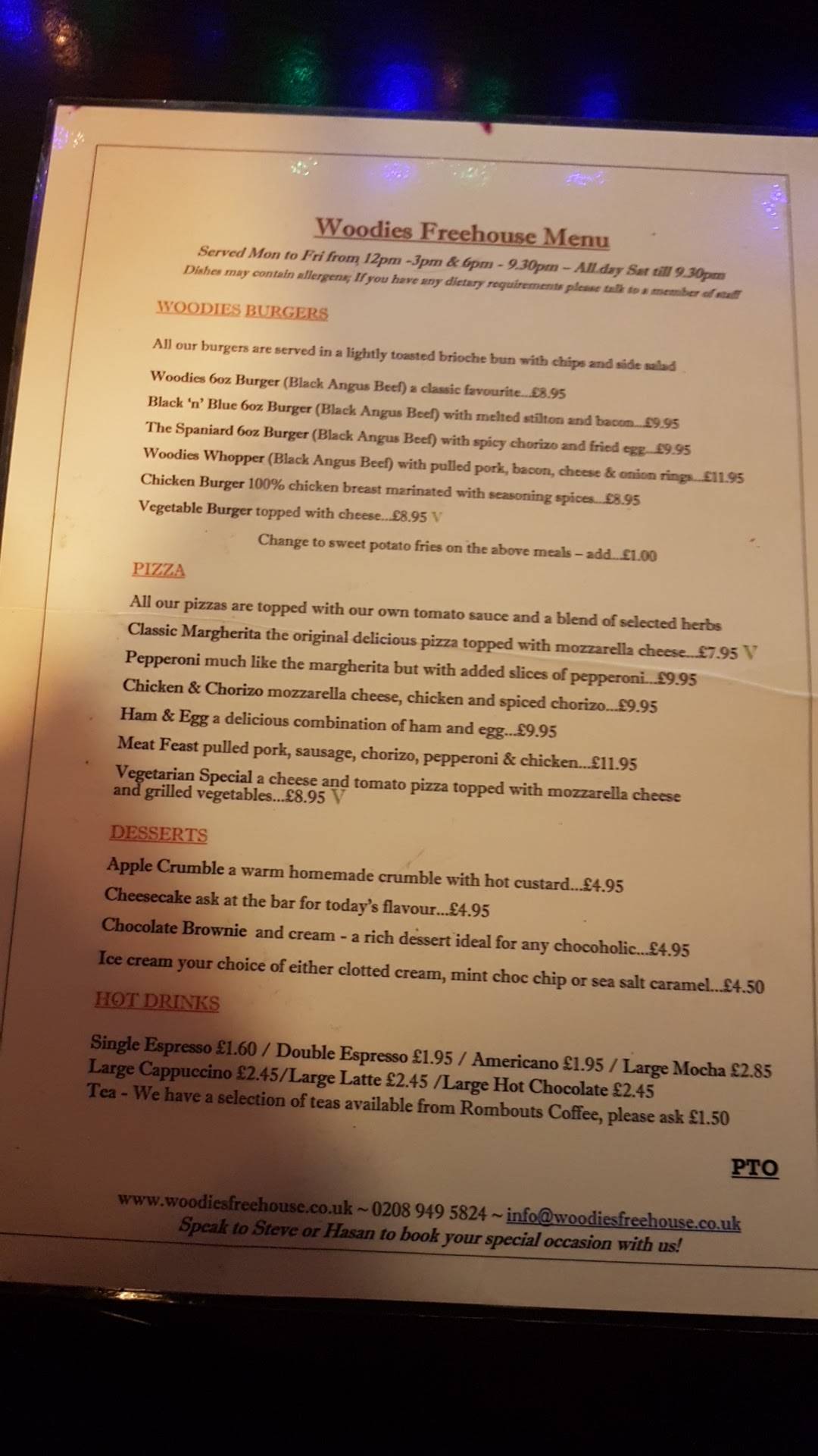 Menu at Woodies Freehouse pub & bar, New Malden