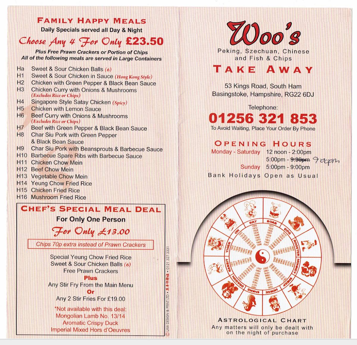 Menu at Woo’s Takeaway fast food, Basingstoke
