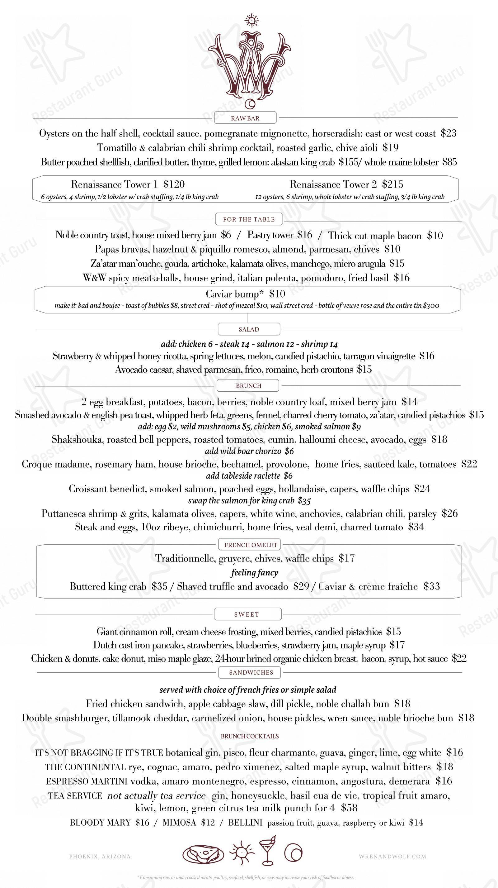 Menu at Wren & Wolf pub & bar, Phoenix