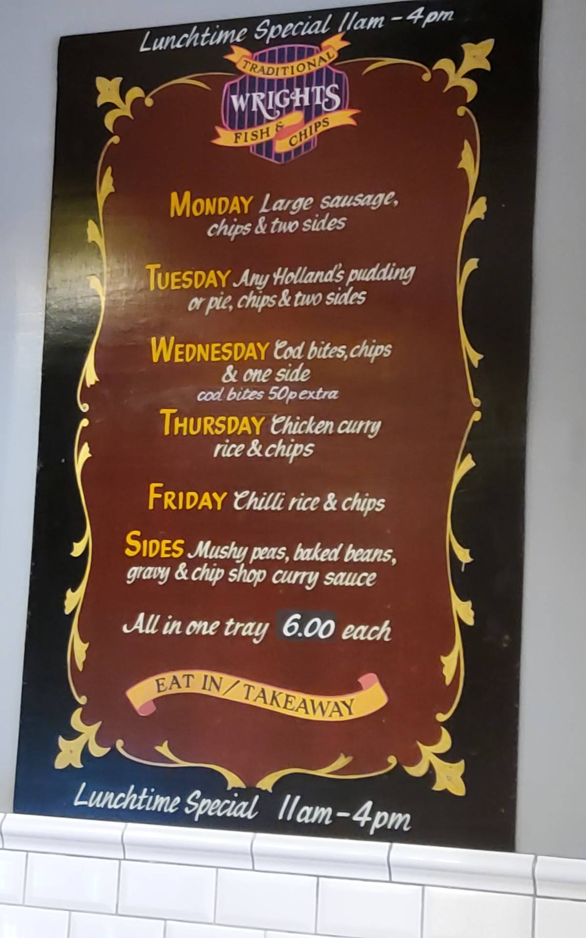 Menu at Wright's Fish & Chips restaurant, Manchester