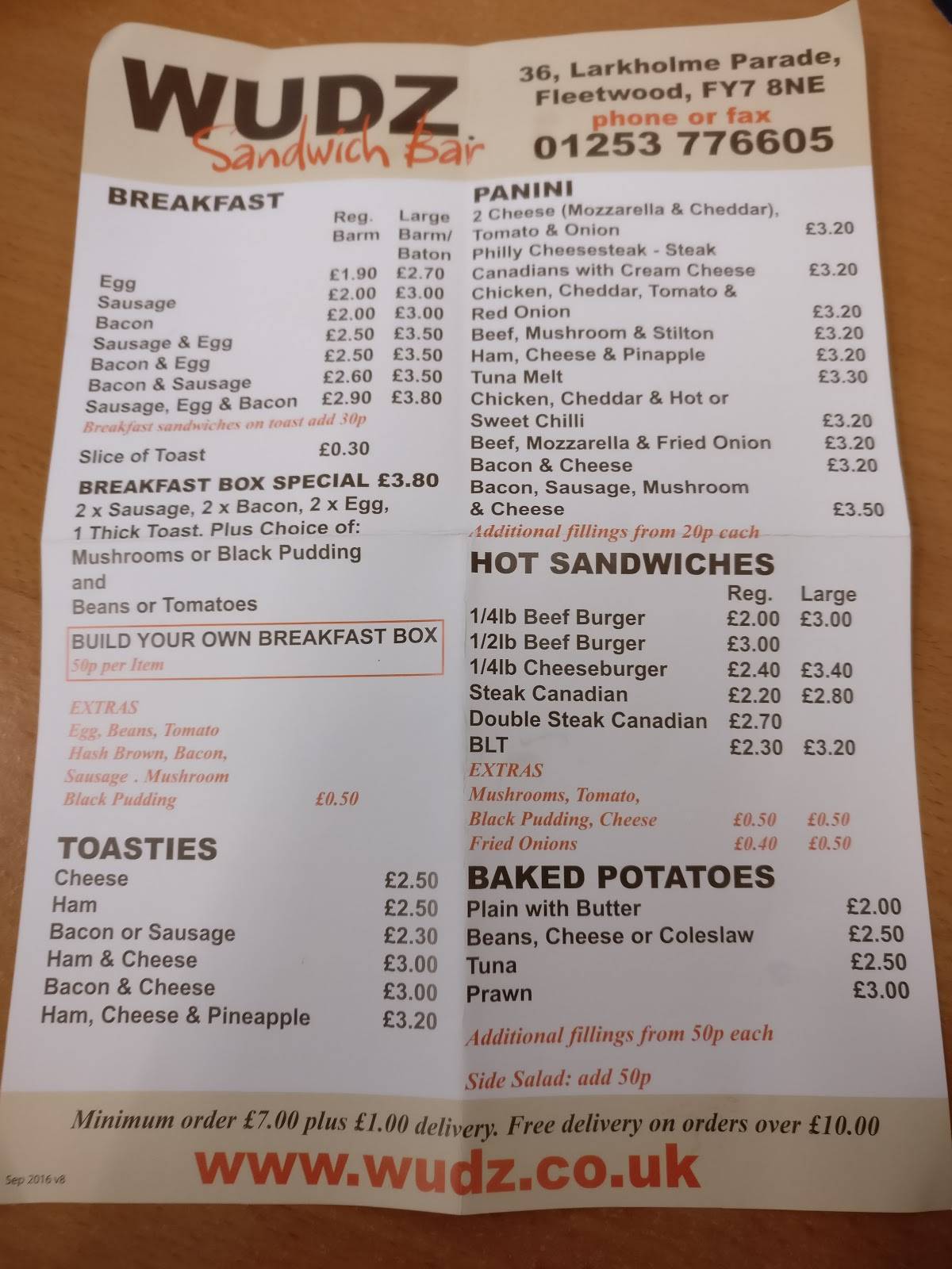 Menu at Wudz Sandwich Bar, Fleetwood