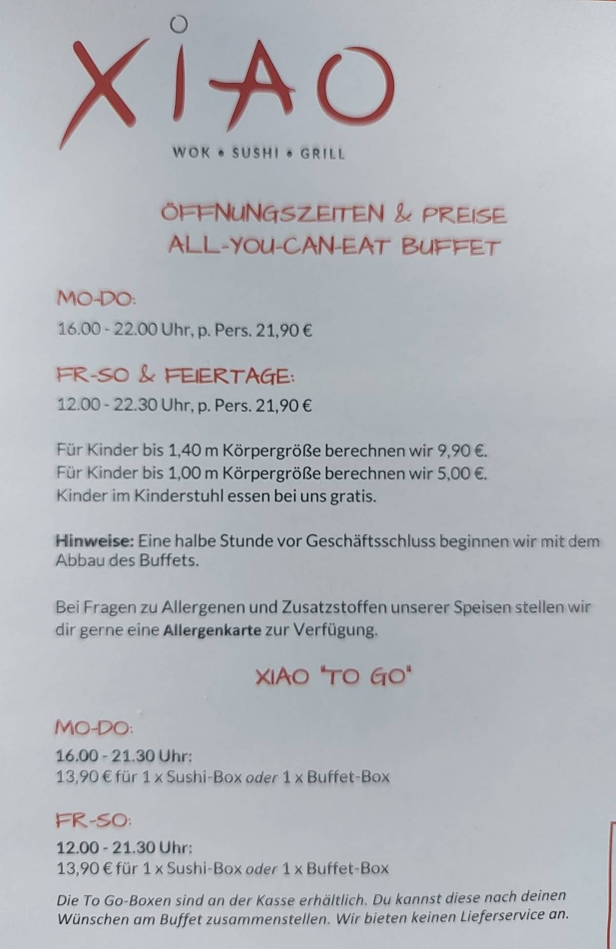 Speisekarte von XIAO Marl restaurant, Marl