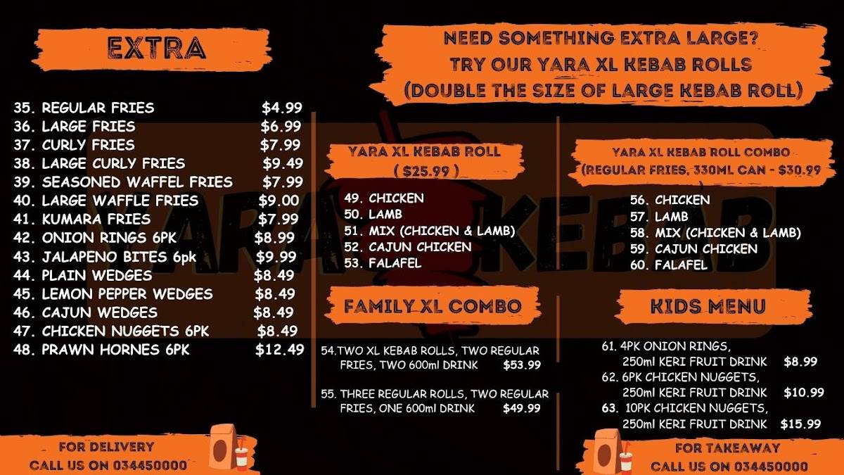 Menu at YARA KEBAB restaurant, Cromwell