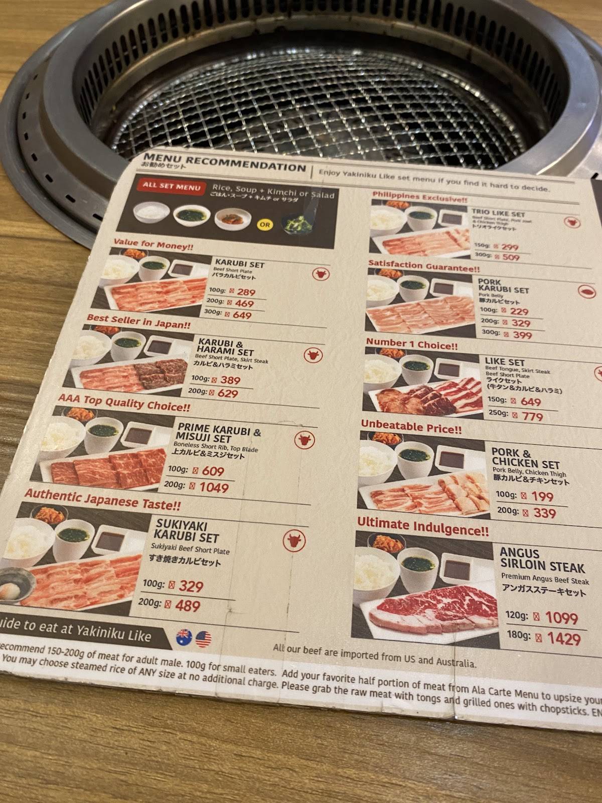 Menu at Yakiniku Like restaurant, Quezon City