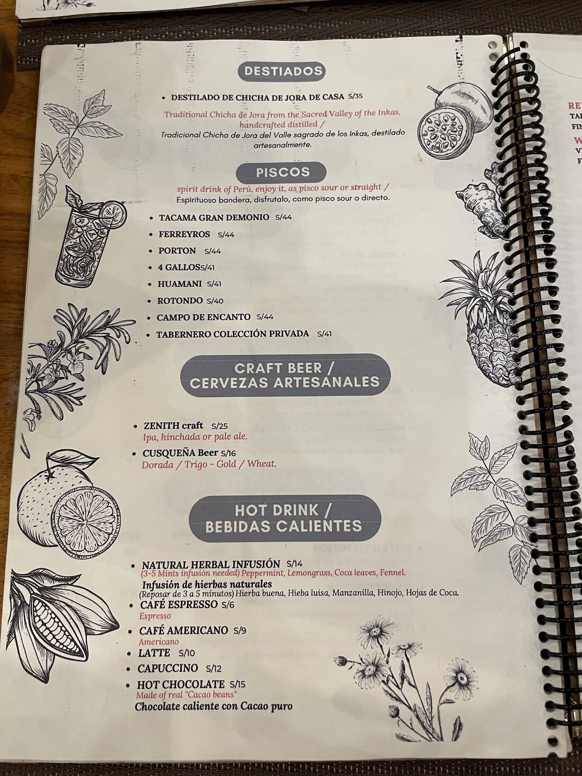 Carta de Yaku Restaurant, Cusco